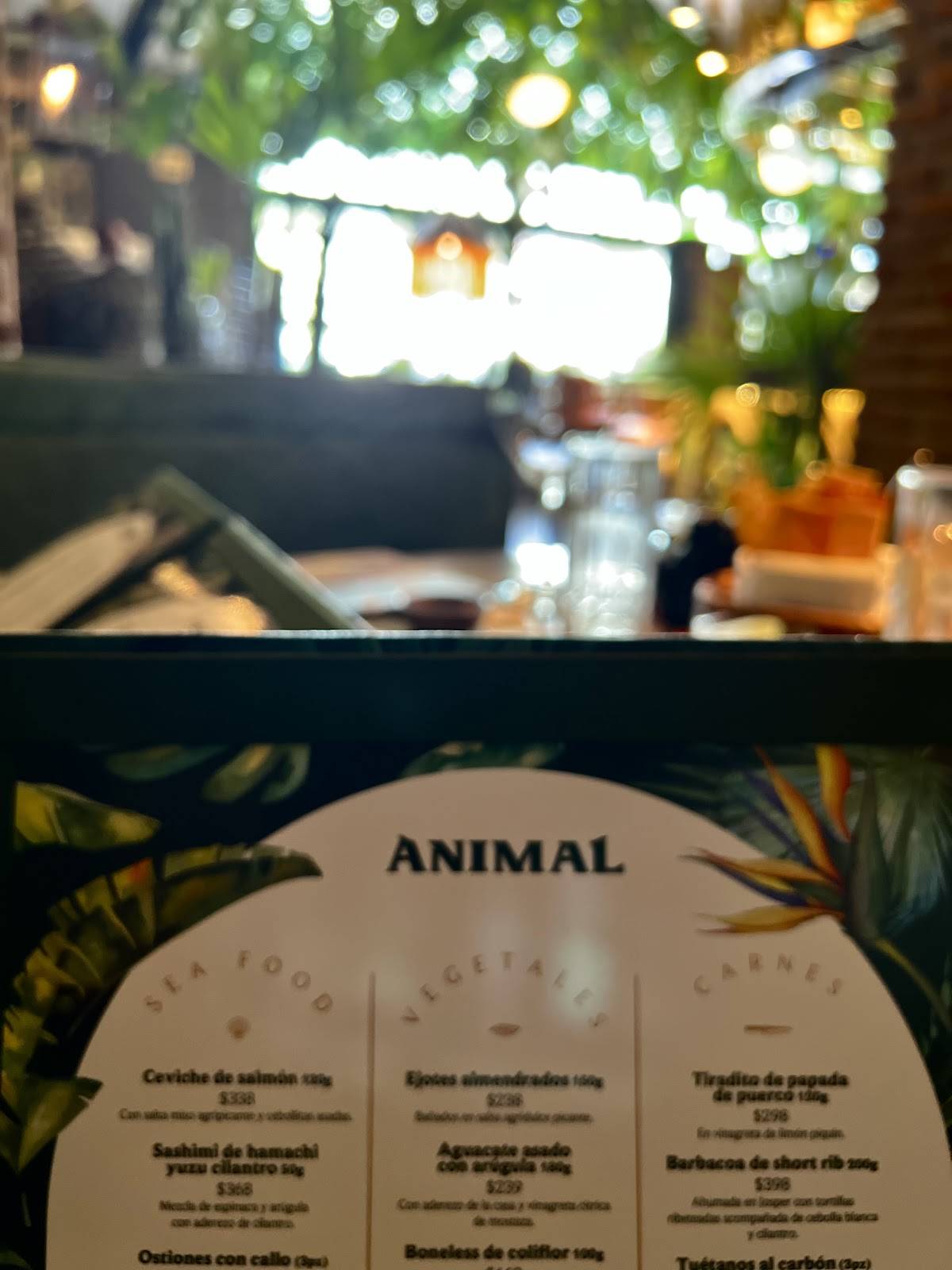 Carta del restaurante Animal Masaryk, Ciudad del México