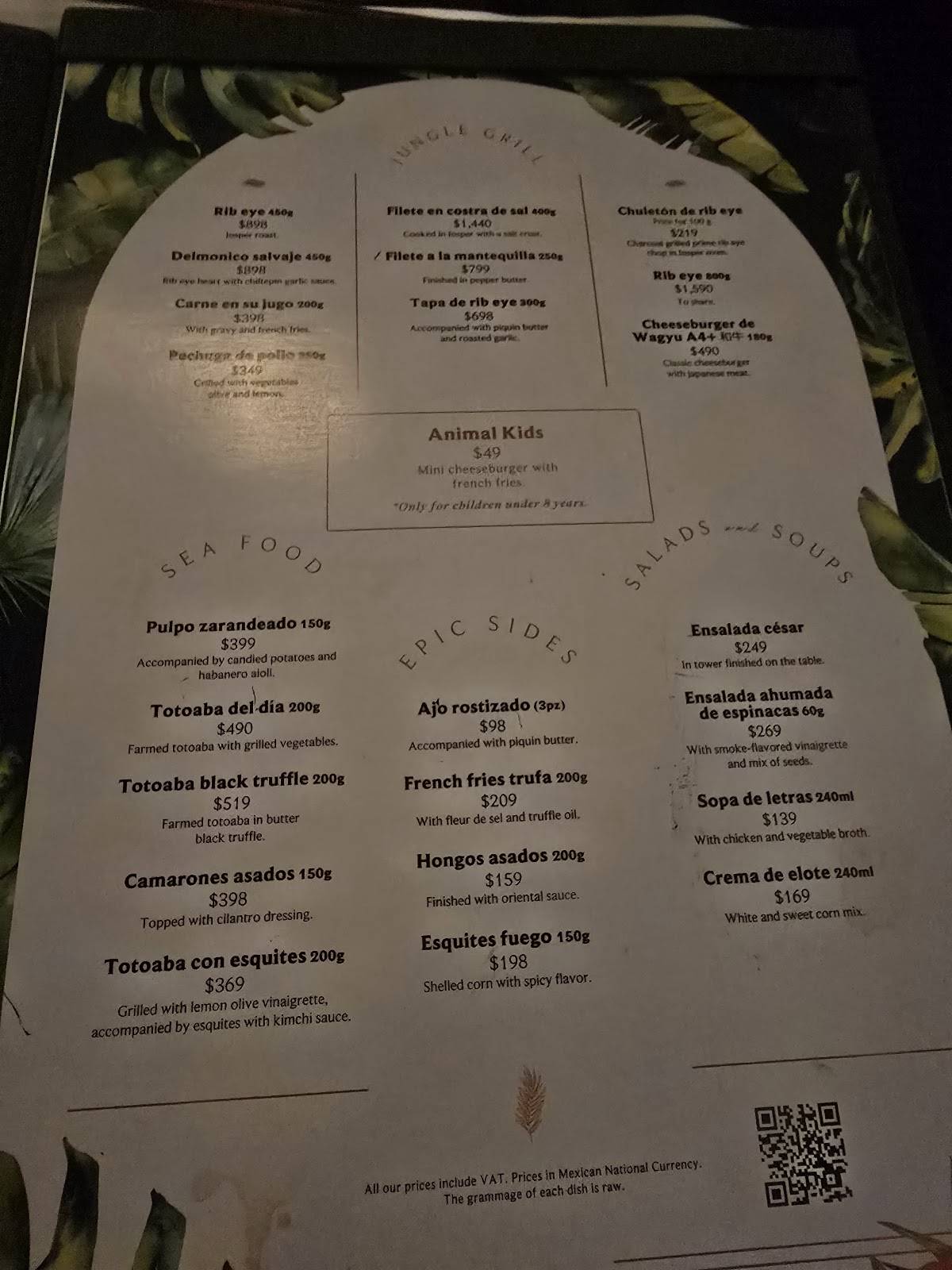 Menu at Animal Masaryk restaurant, Mexico City