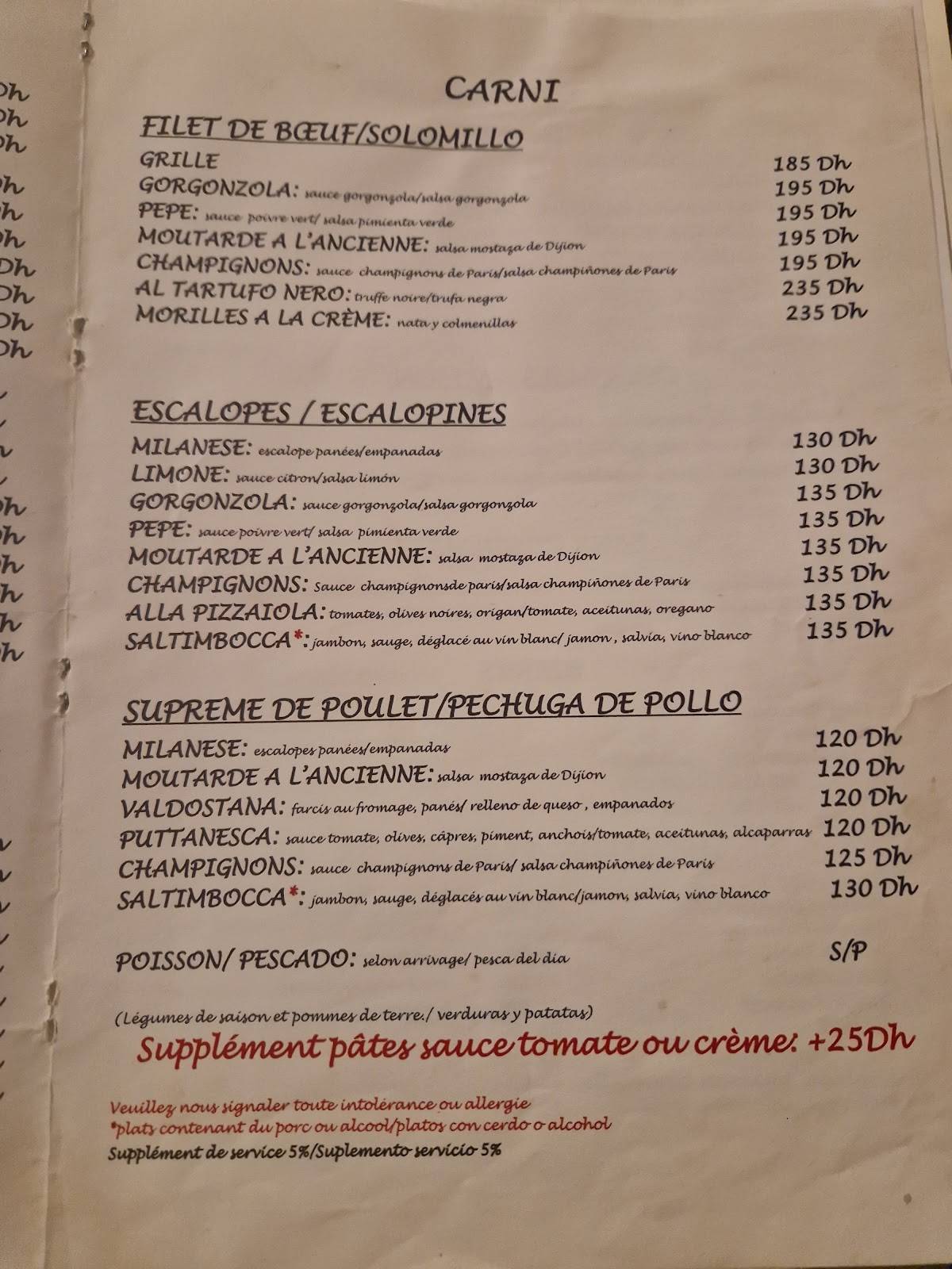 Carta del restaurante Anna e Paolo, Tánger
