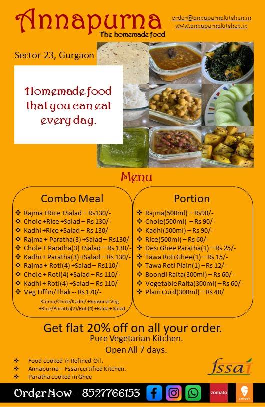 Menu at Annapurna, Tiffin, Meal, Rajma rice, Rajma Chawal, Chole Rice ...
