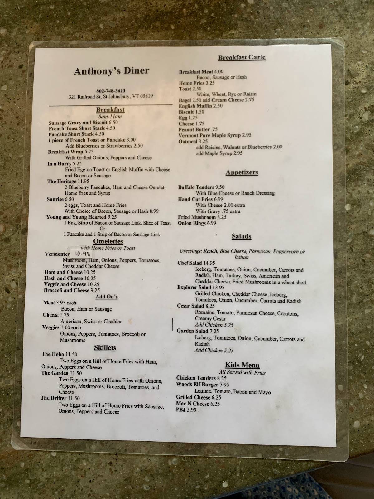 Menu at Anthony's Diner restaurant, Saint Johnsbury