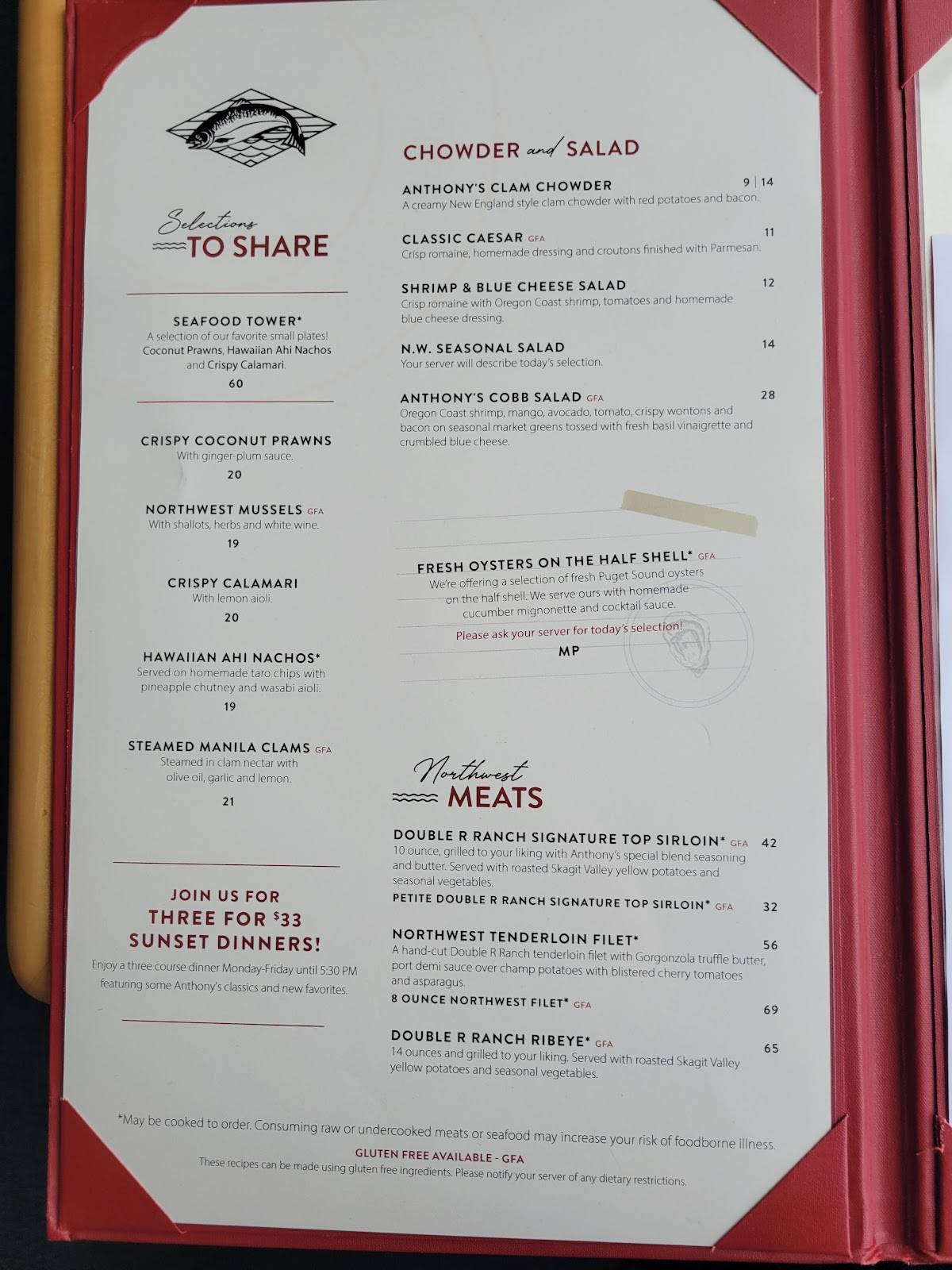 Menu at Anthony's at Sinclair Inlet restaurant, Bremerton, 20 ...