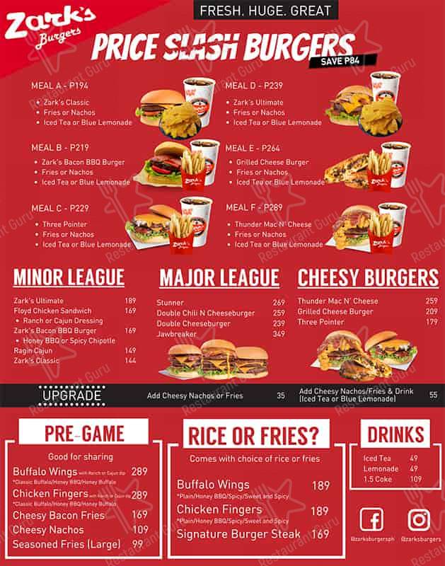 Menu at Zark's Burgers, Antipolo