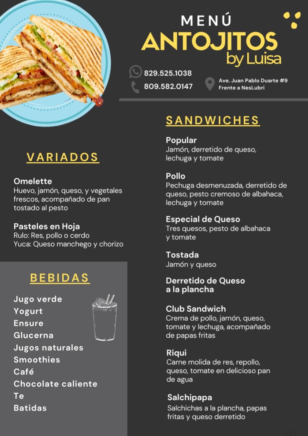 Menu at Antojitos cafeteria, Santiago De Los Caballeros