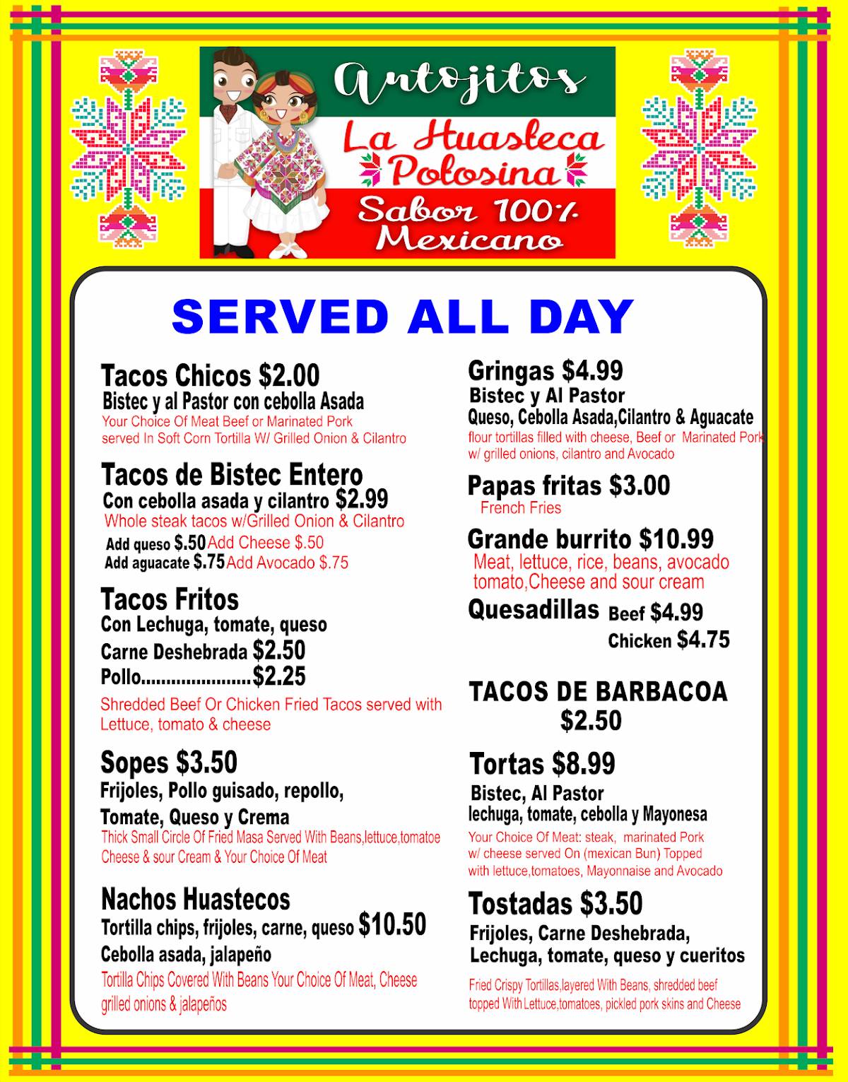 Menu at Antojitos La Huasteca Potosina restaurant, Beaumont