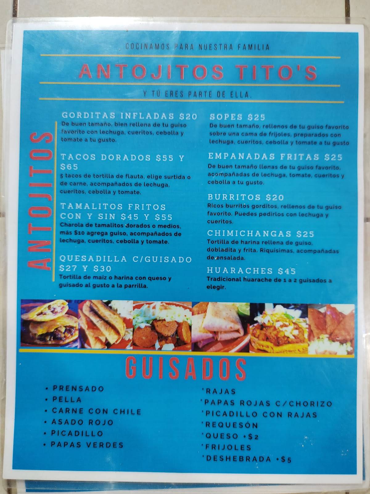 Menu at Antojitos Mexicanos Tito's restaurant, Torreón