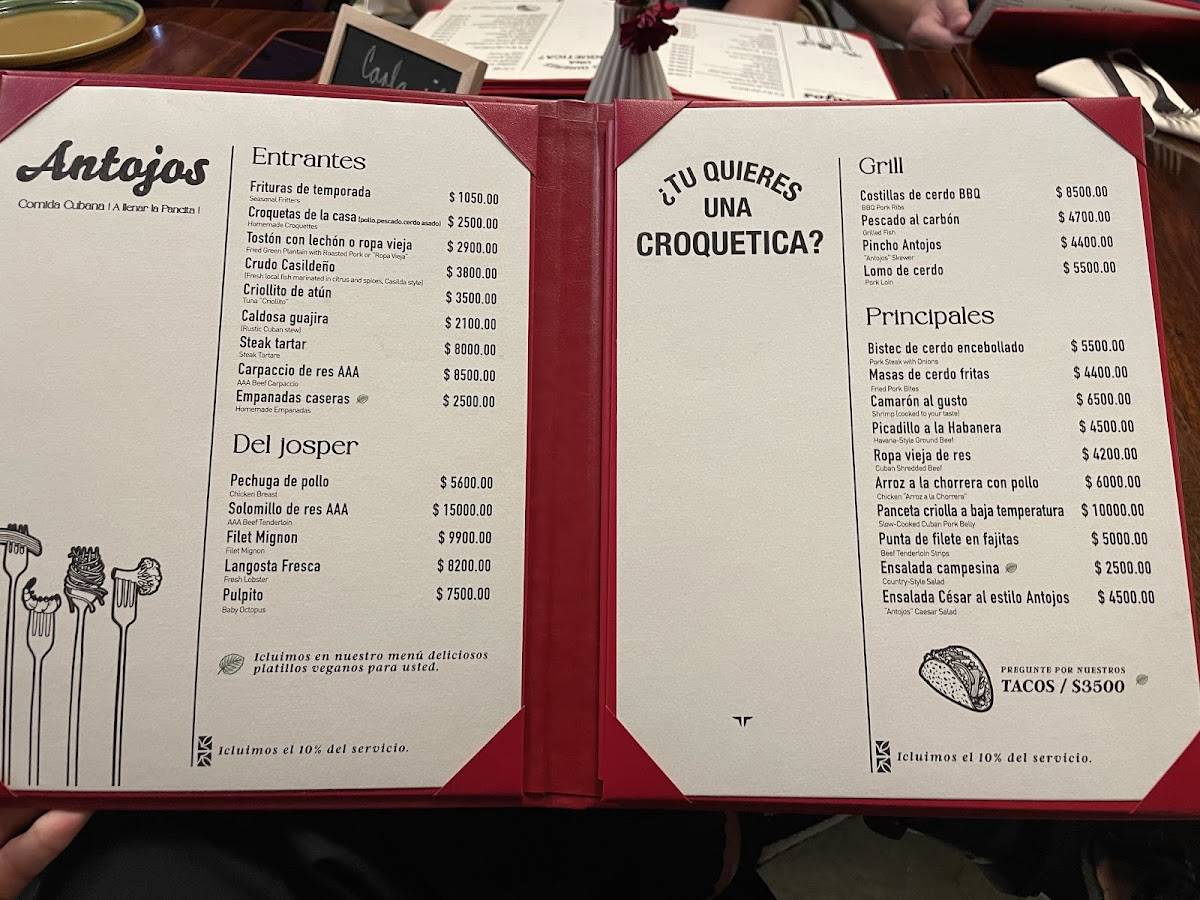 Menu at Antojos restaurant, Havana