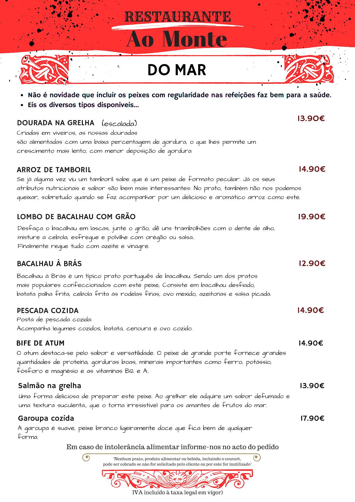 Menu em Ao Monte restaurante, Queluz, Praceta Abraão 8