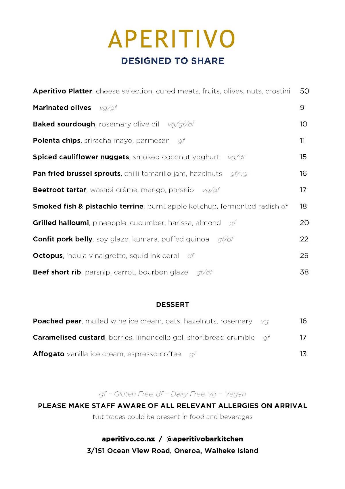 Menu at Aperitivo Balcony Bar & Kitchen, Auckland