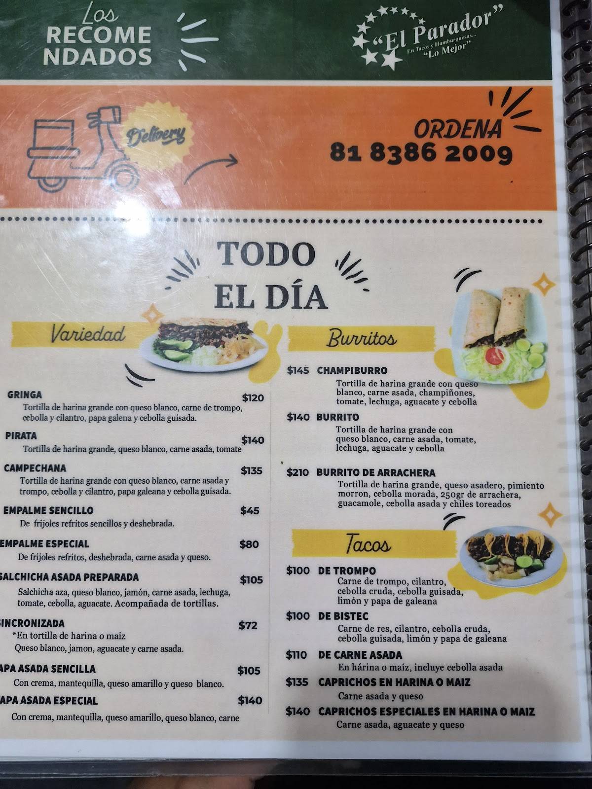 Carta del restaurante El Parador, Apodaca