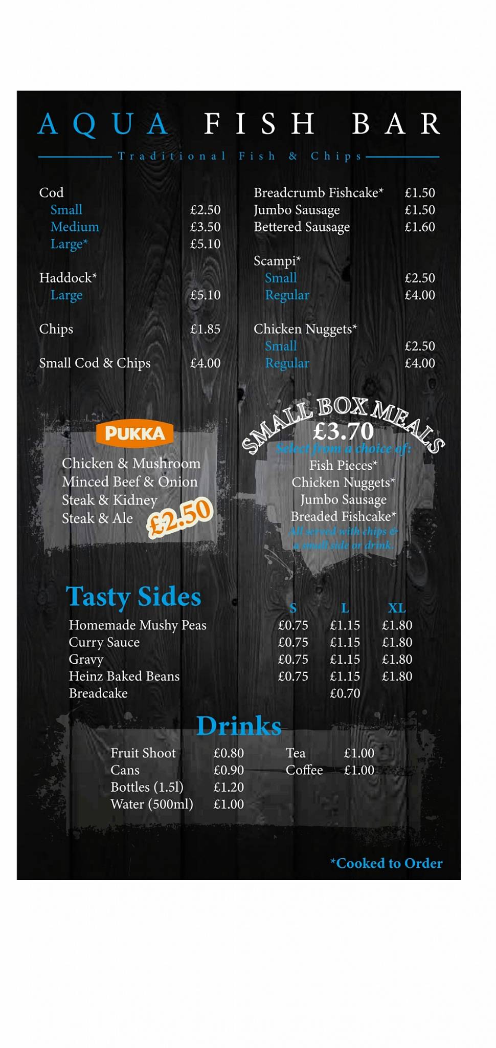 Menu at Aqua Fish Bar, Barnsley