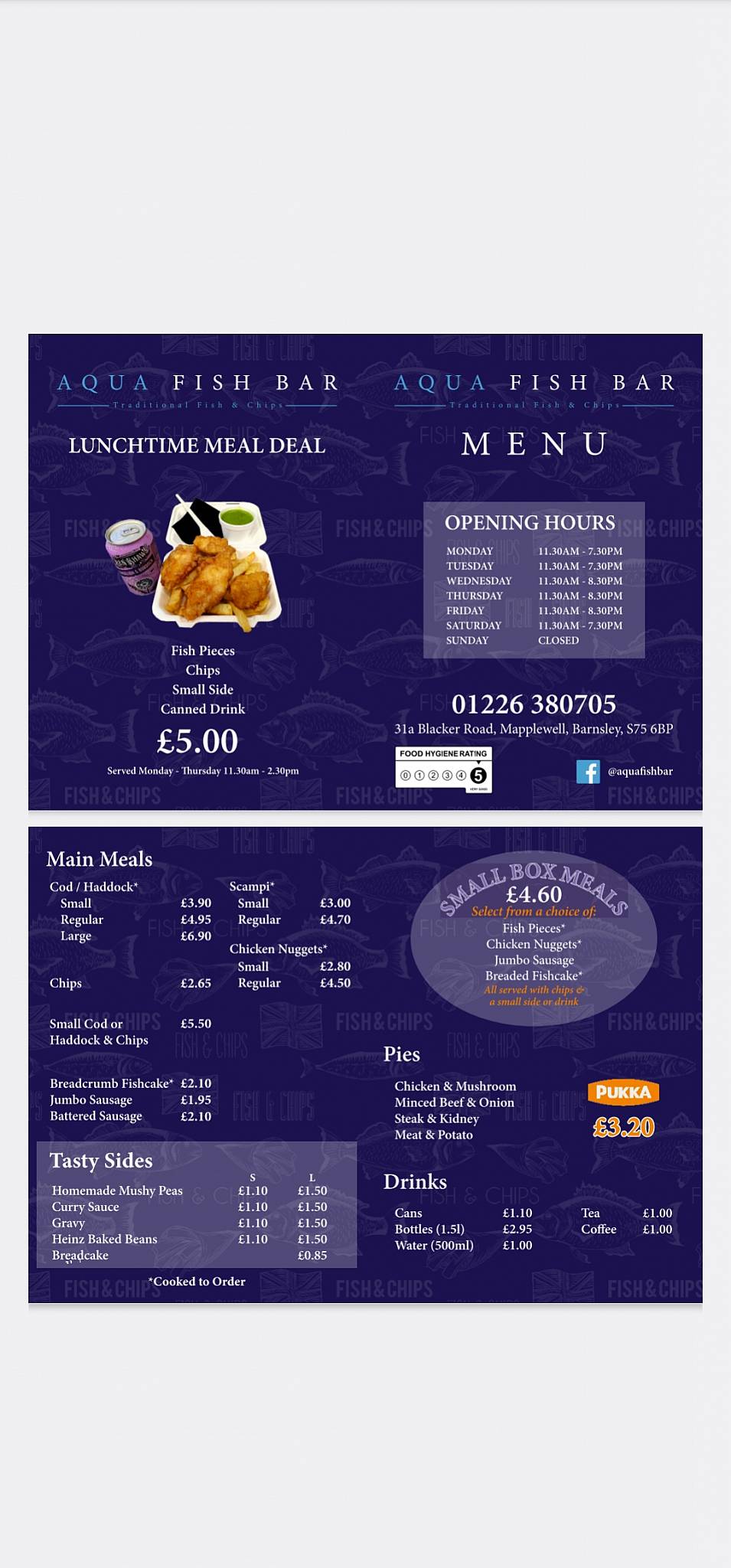 Menu at Aqua Fish Bar, Barnsley
