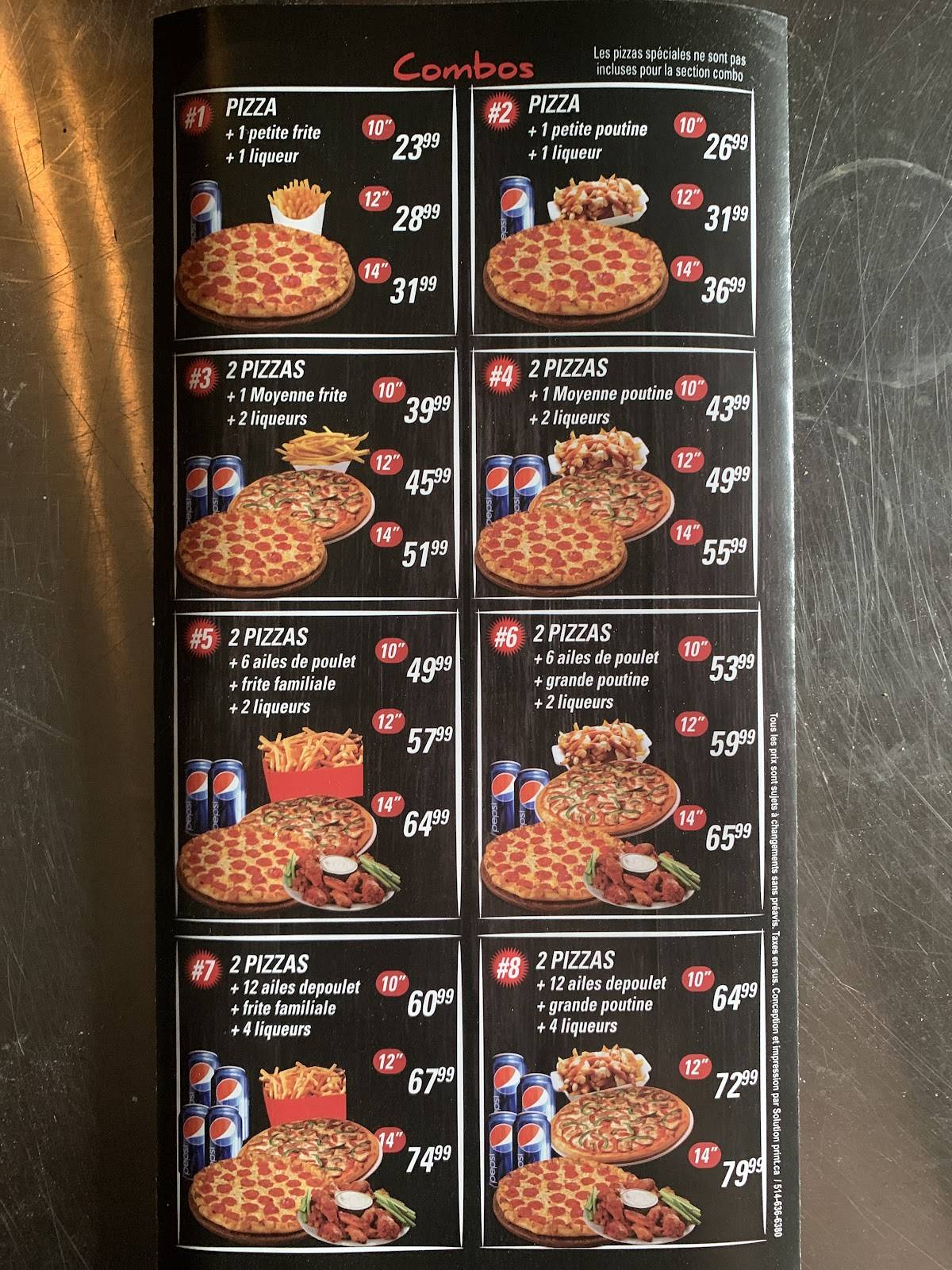 Menu au Aramis Pizzeria, Montebello
