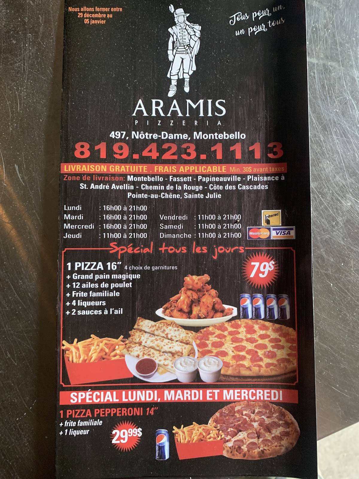 Menu au Aramis Pizzeria, Montebello