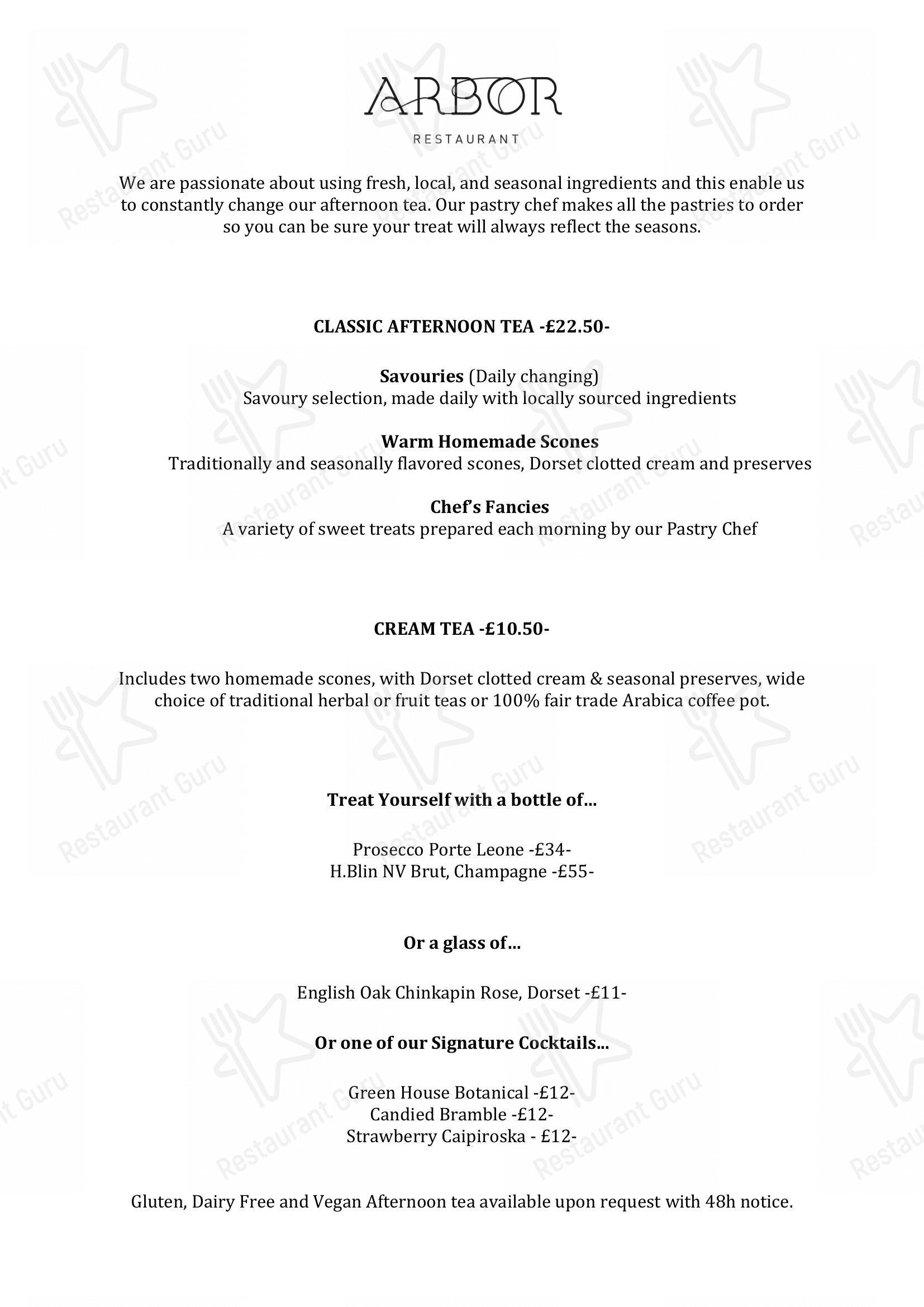 Menu at Arbor pub & bar, Bournemouth