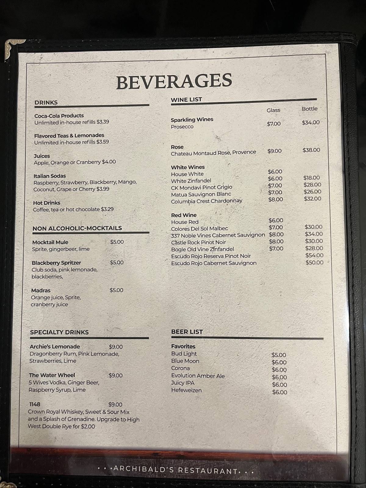 Menu at Archibald's Restaurant at Gardner Village, West Jordan