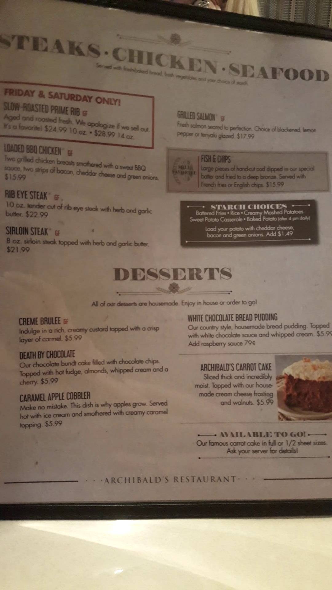 Menu at Archibald’s Restaurant at Gardner Village, West Jordan