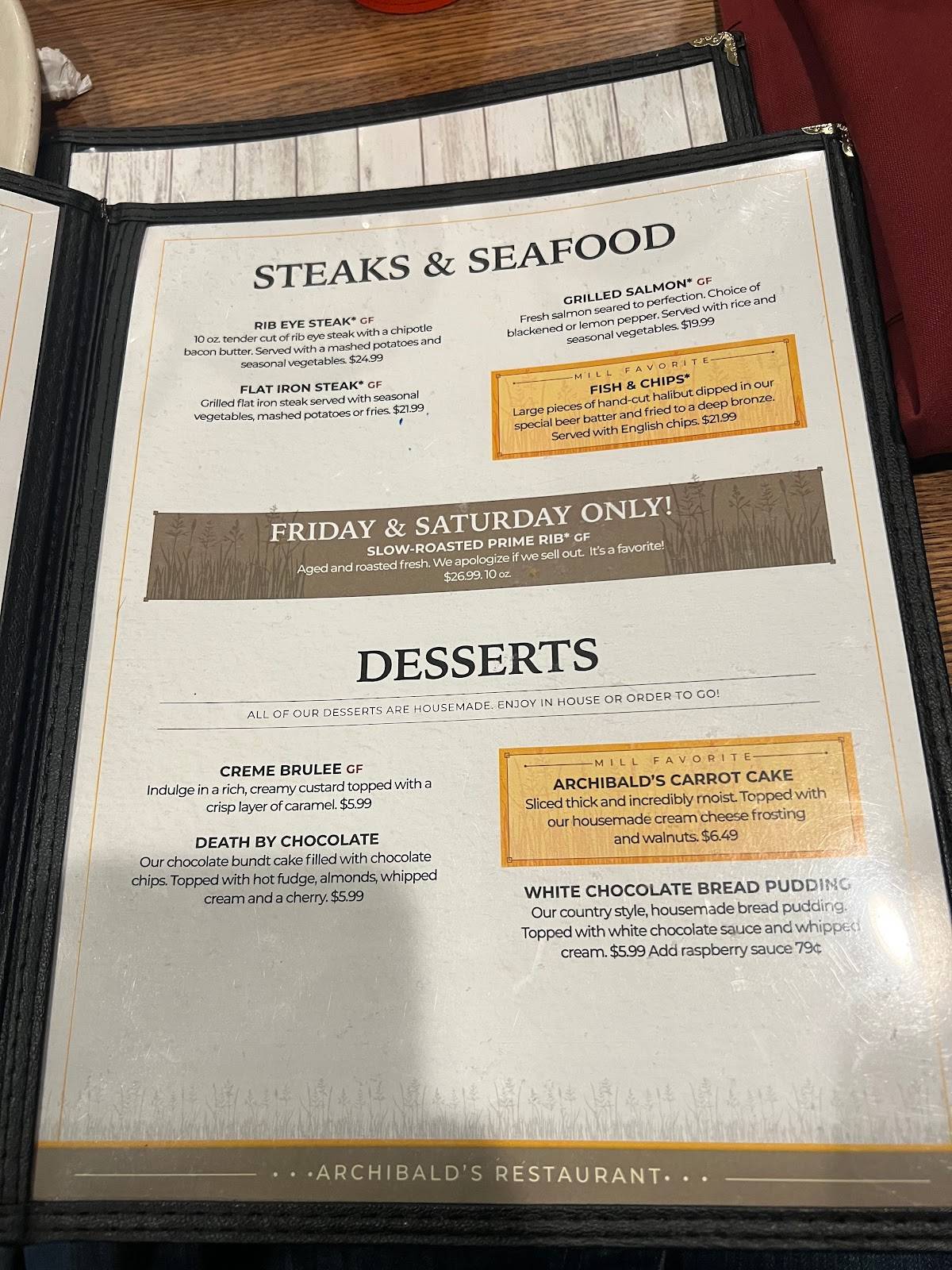 Menu at Archibald’s Restaurant at Gardner Village, West Jordan