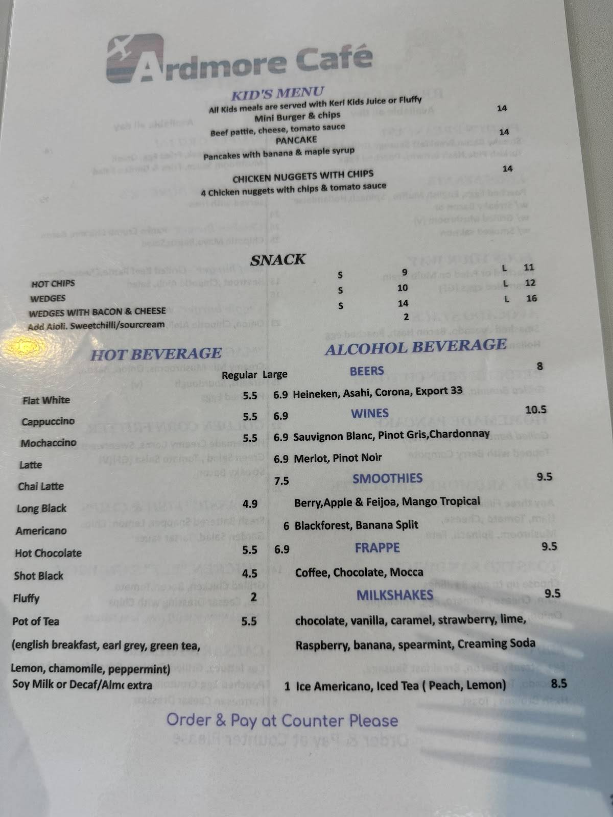 Menu at Ardmore Cafe, New Zealand
