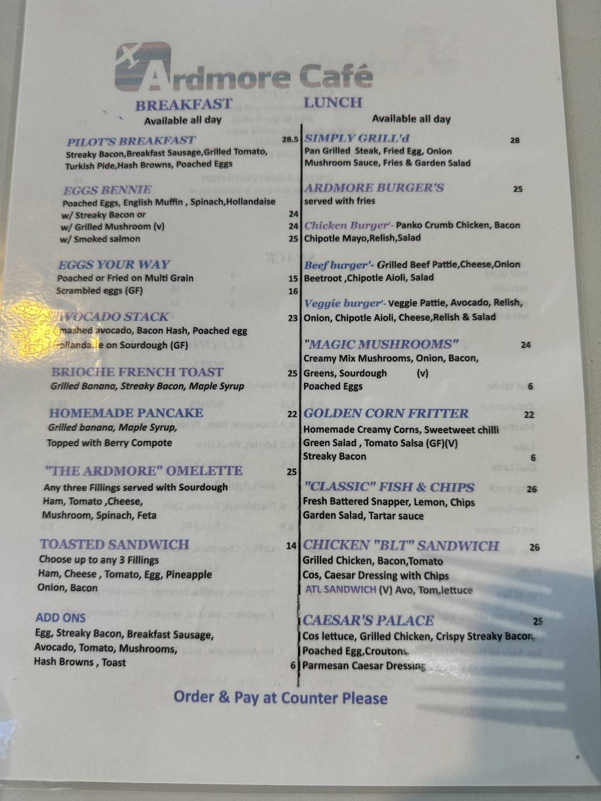 Menu at Ardmore Cafe, Auckland