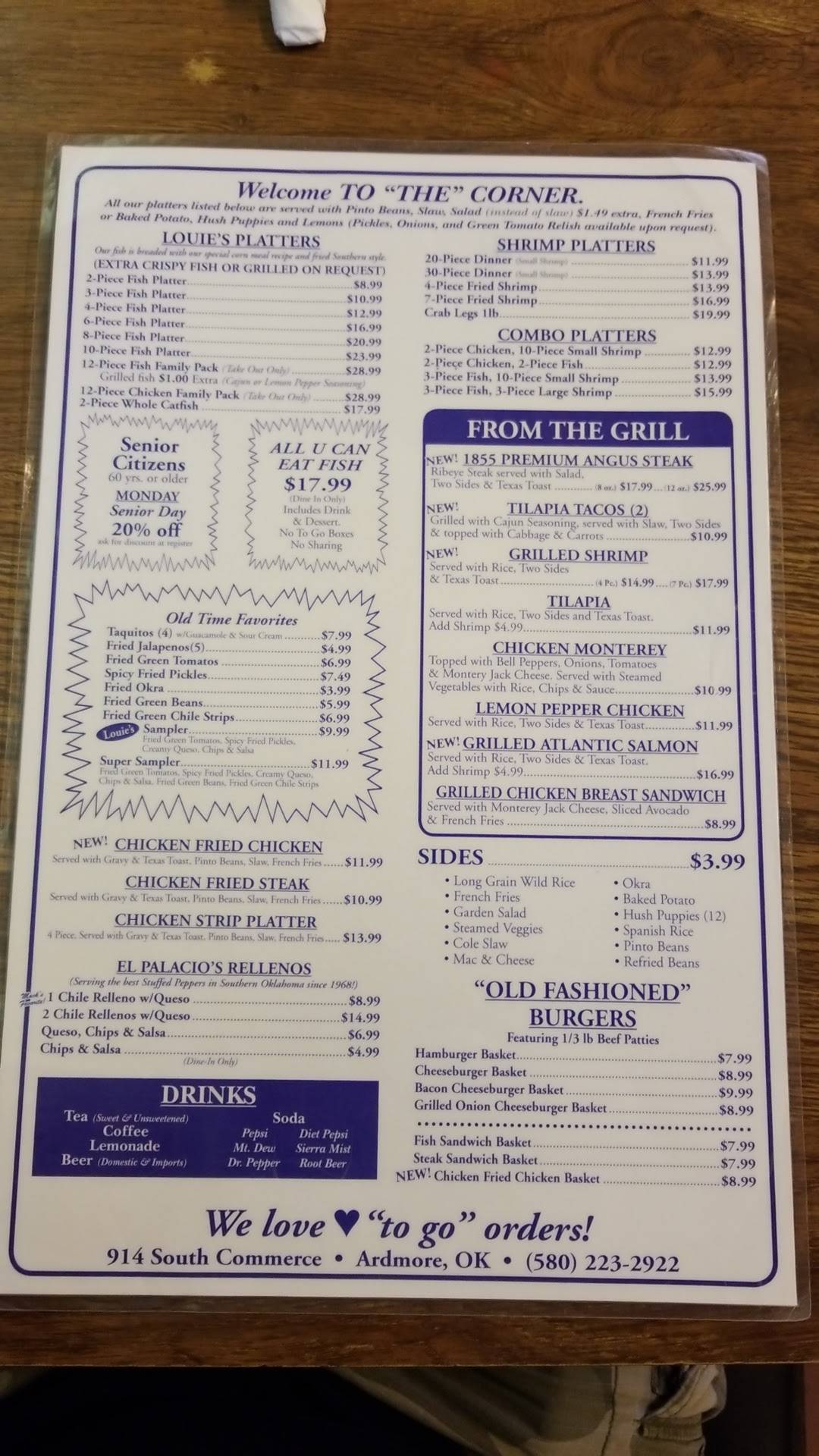 Menu at Catfish Corner restaurant, Ardmore