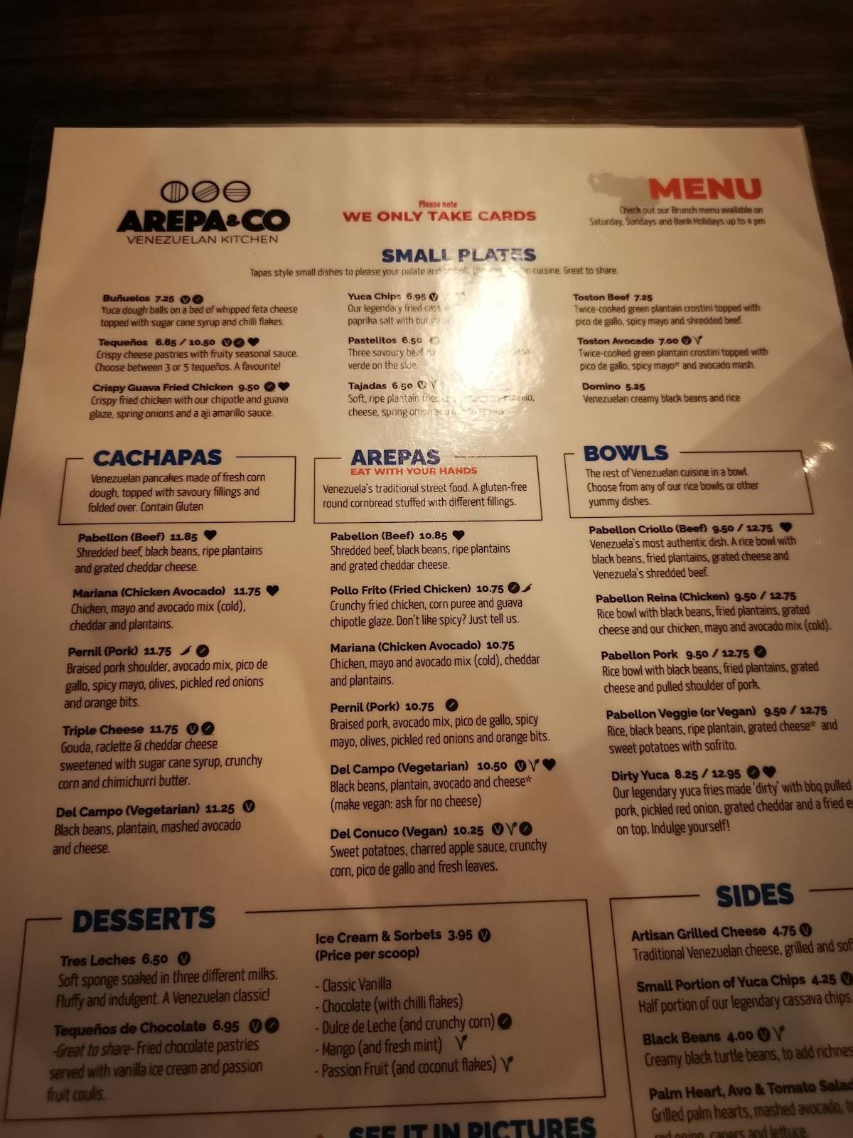 Menu at Arepa & Co Venezuelan Restaurant - Stockwell, London