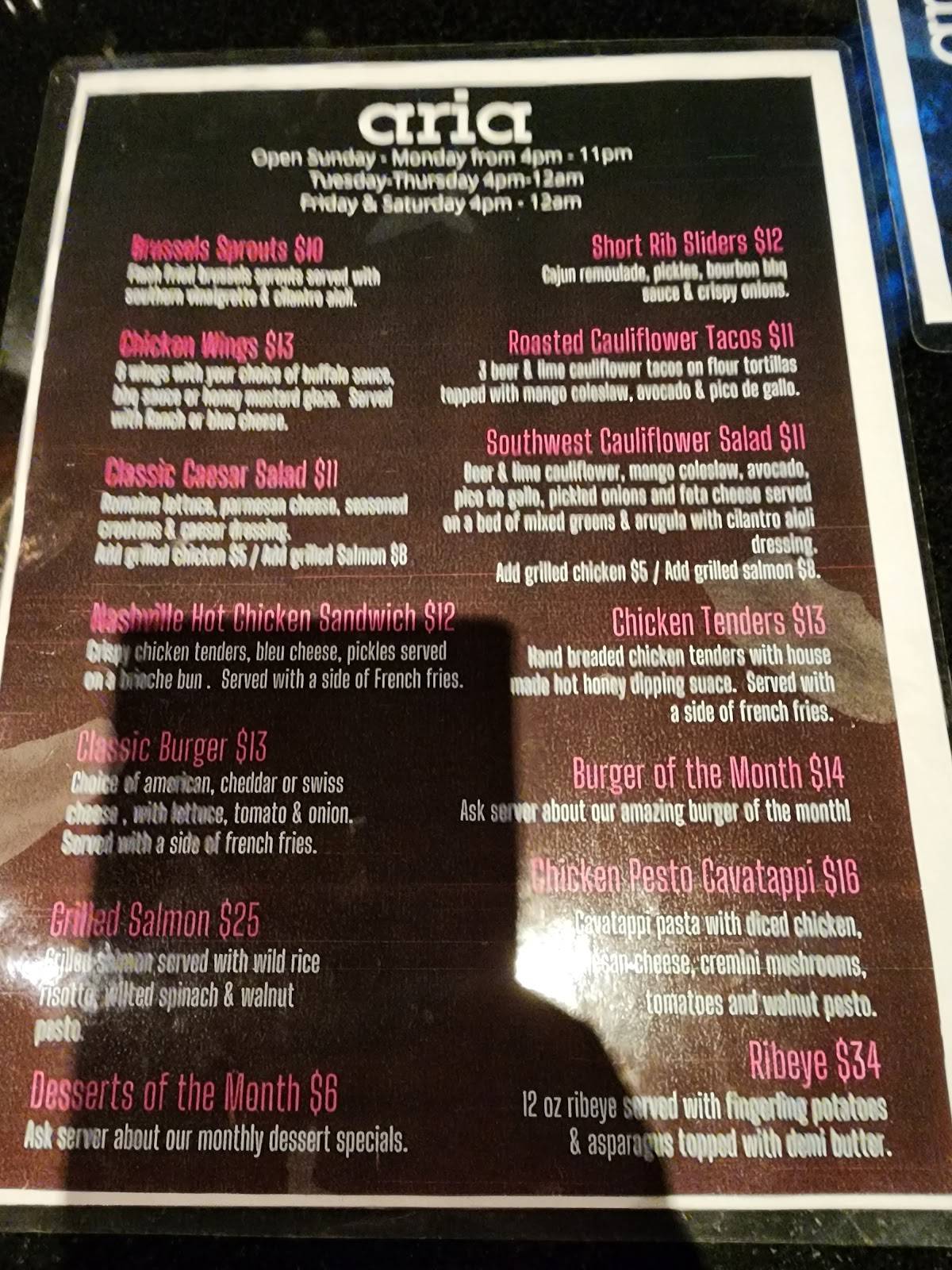 Menu at Aria Lounge restaurant, Oklahoma City