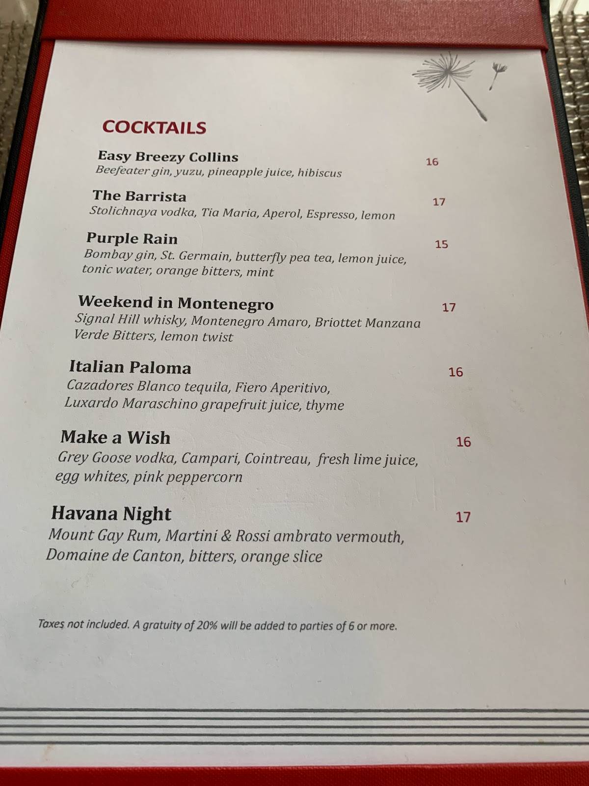 Menu at Aria restaurant, Toronto, 25 York St