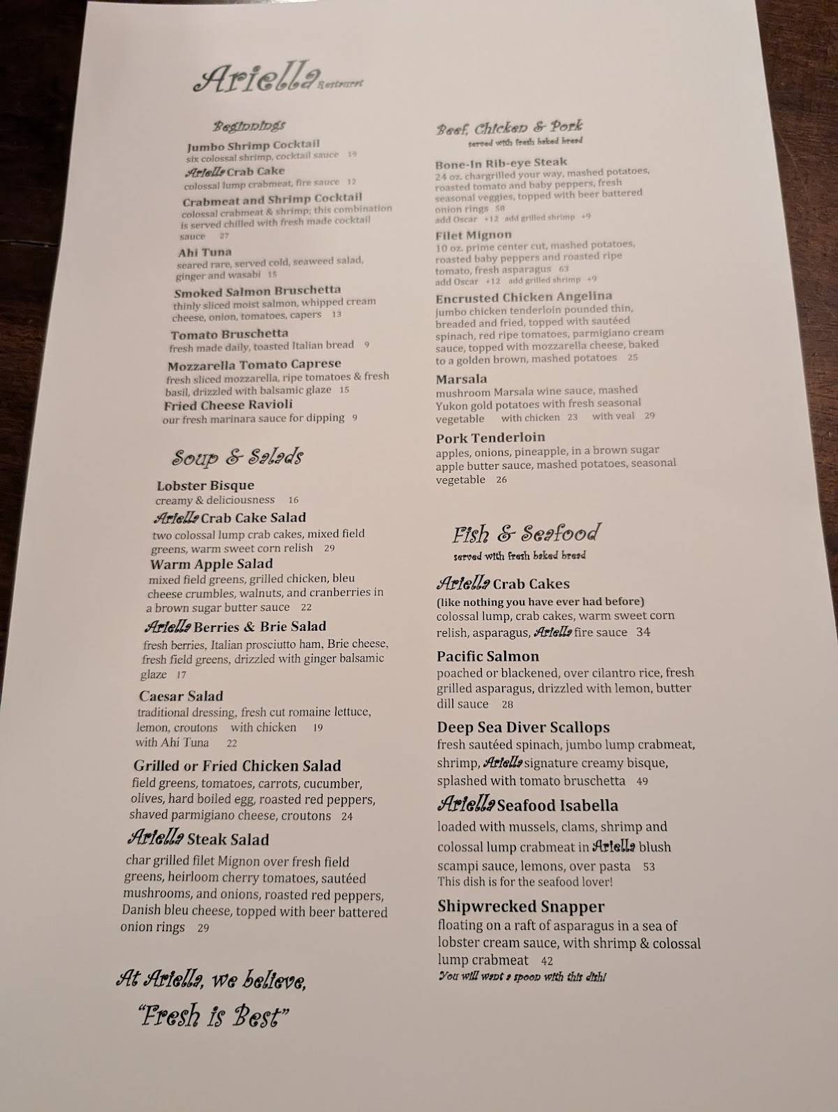 Menu at Ariella Restaurant Bistro & Bar, Russellville