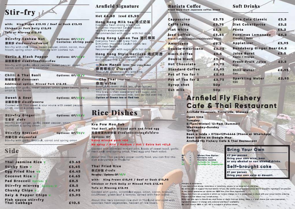 Menu at Arnfield Fly Fishery Cafe & Thai Restaurant, Glossop