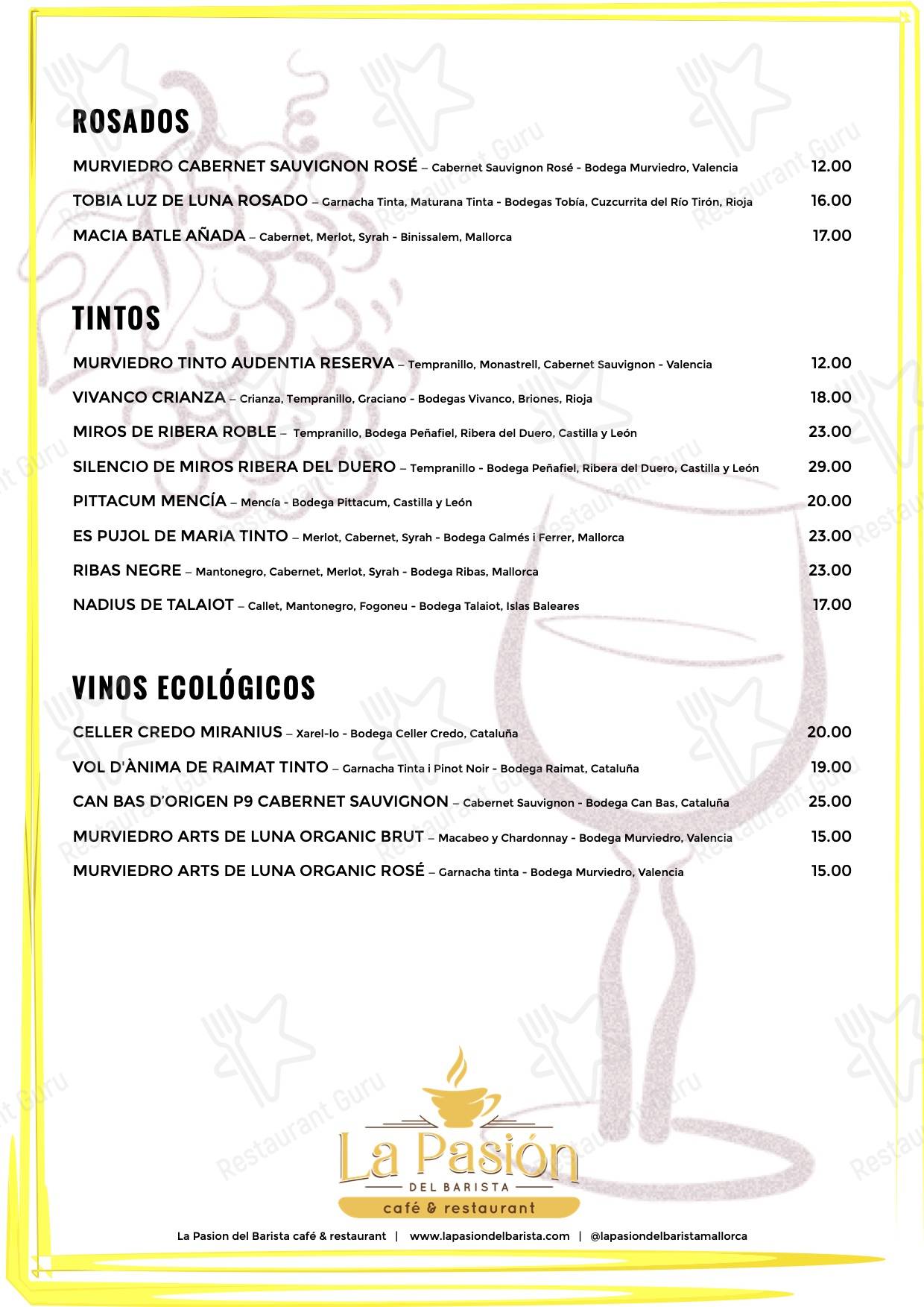 Carta de La Pasión Del Barista café & restaurant, Artà
