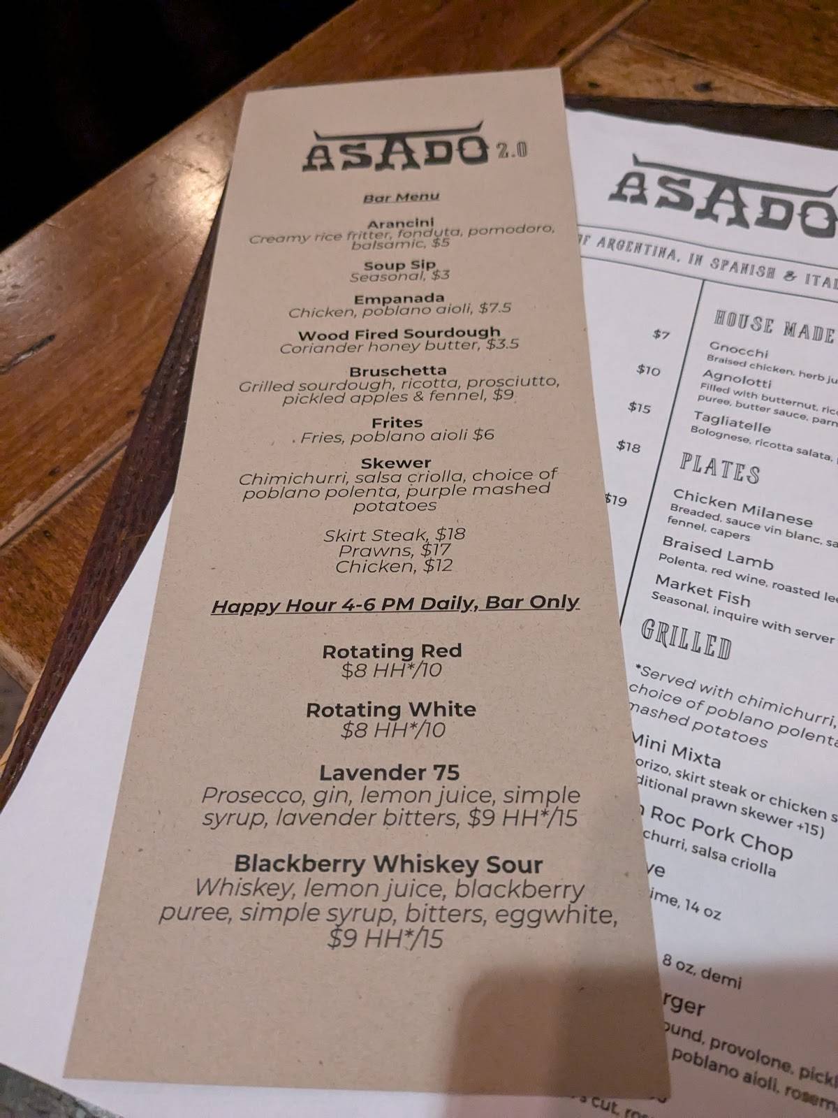 Menu at Asado pub & bar, Tacoma