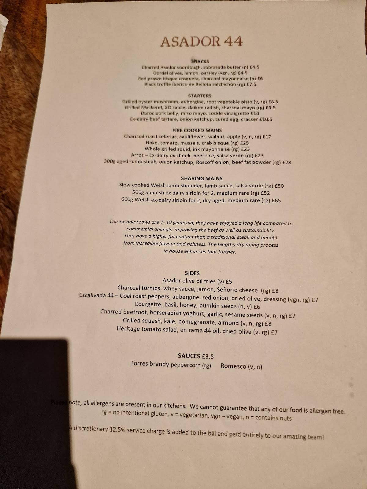 Menu at Asador 44 Spanish Grill & Wine House restaurant, Cardiff