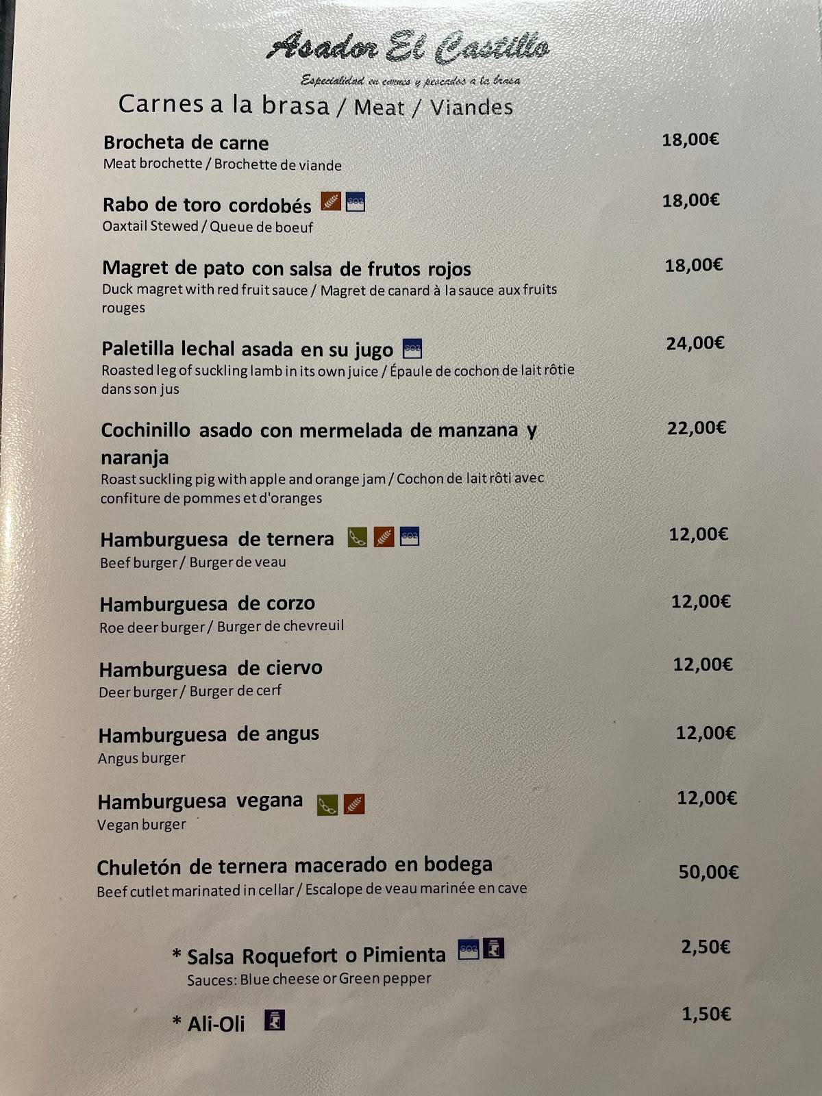 Carta de Restaurante Asador El Castillo, San Juan de los Terreros, Jaun