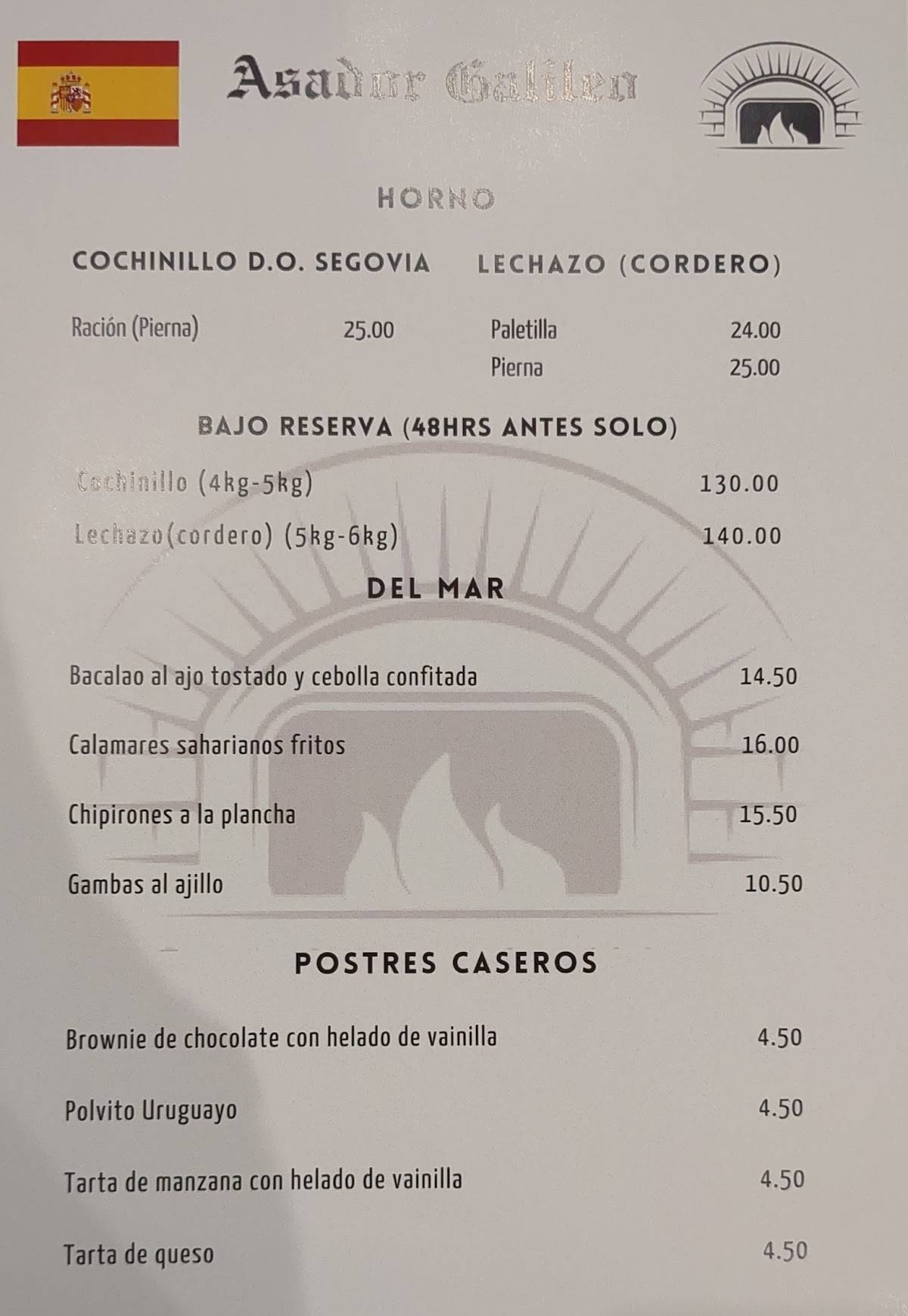 Carta del restaurante Asador Galileo (G del Galileo), Las Palmas del ...