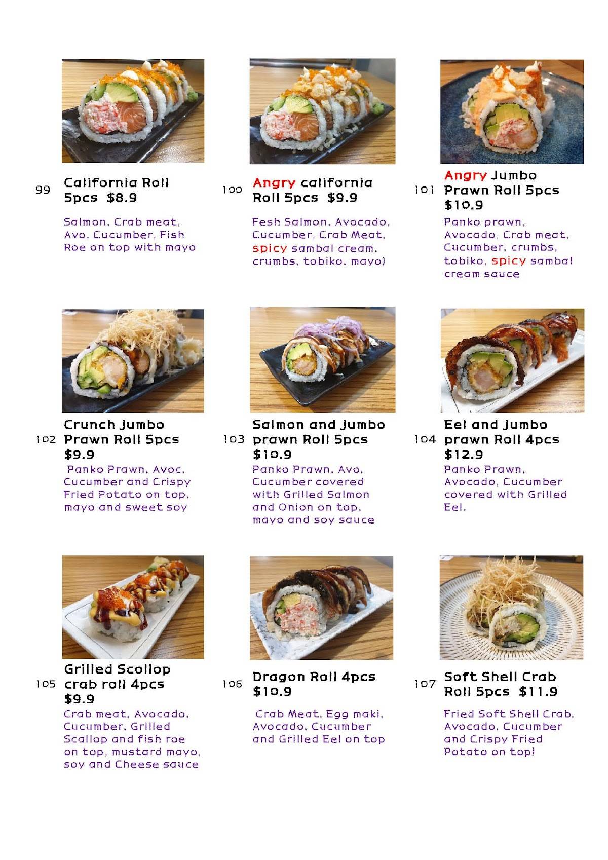 Menu at Kujira restaurant, Ashfield