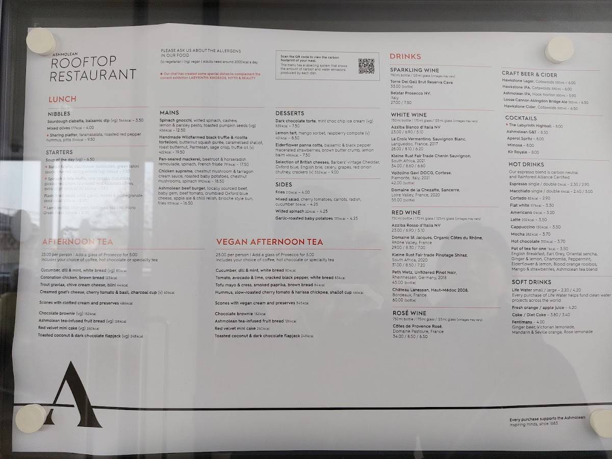 Menu at Ashmolean Rooftop Restaurant, Oxford