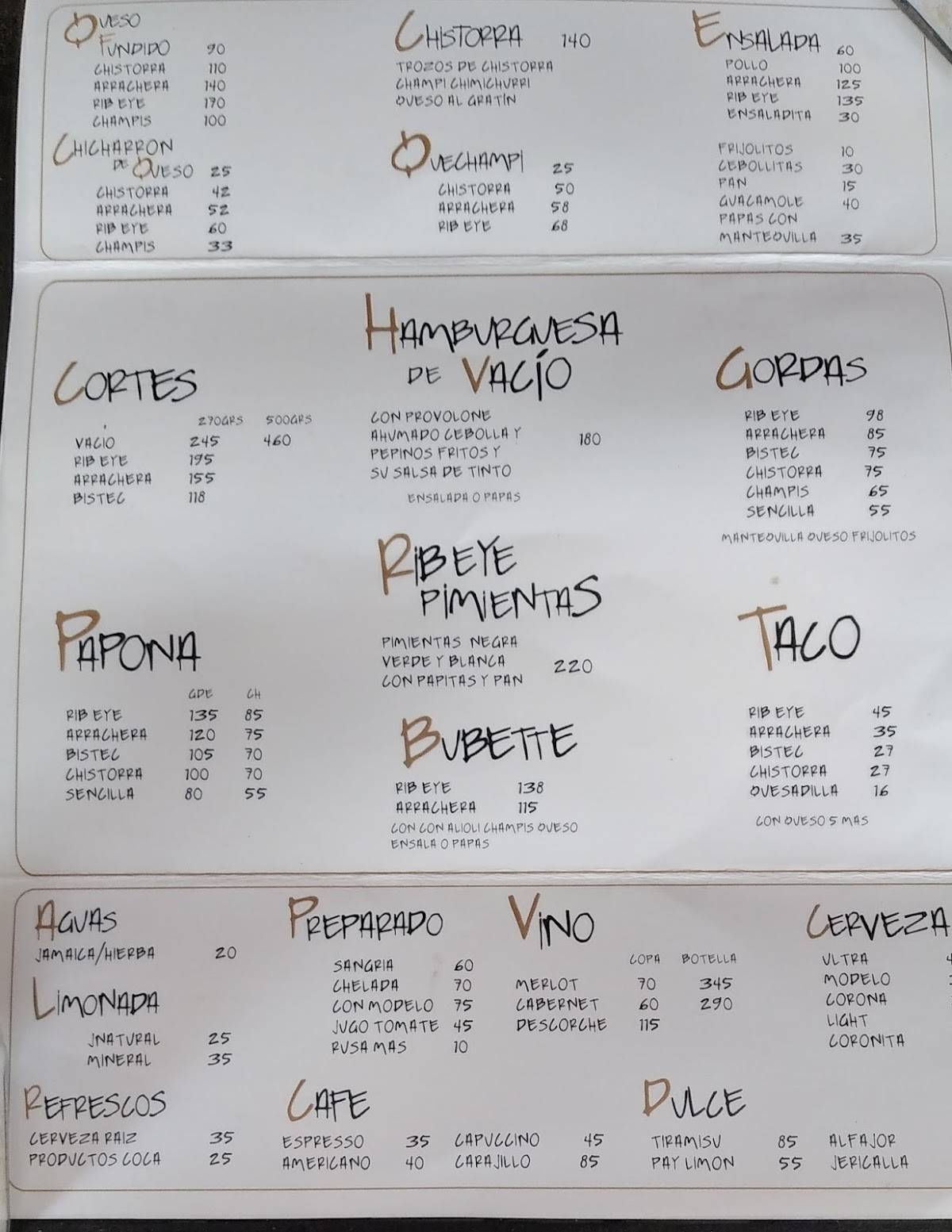 Carta de parrilla Así & Asado, Zapopan