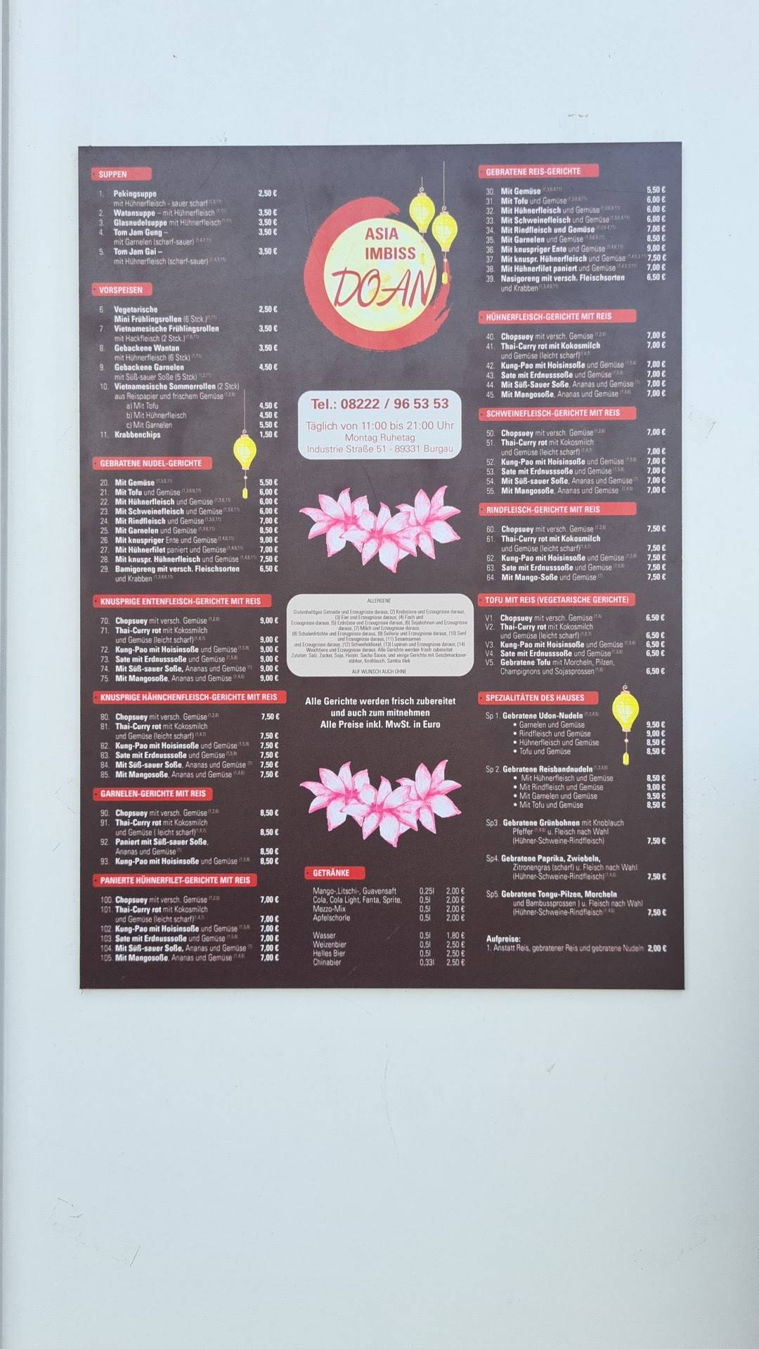 Speisekarte von Asia Imbiss DOAN restaurant, Burgau