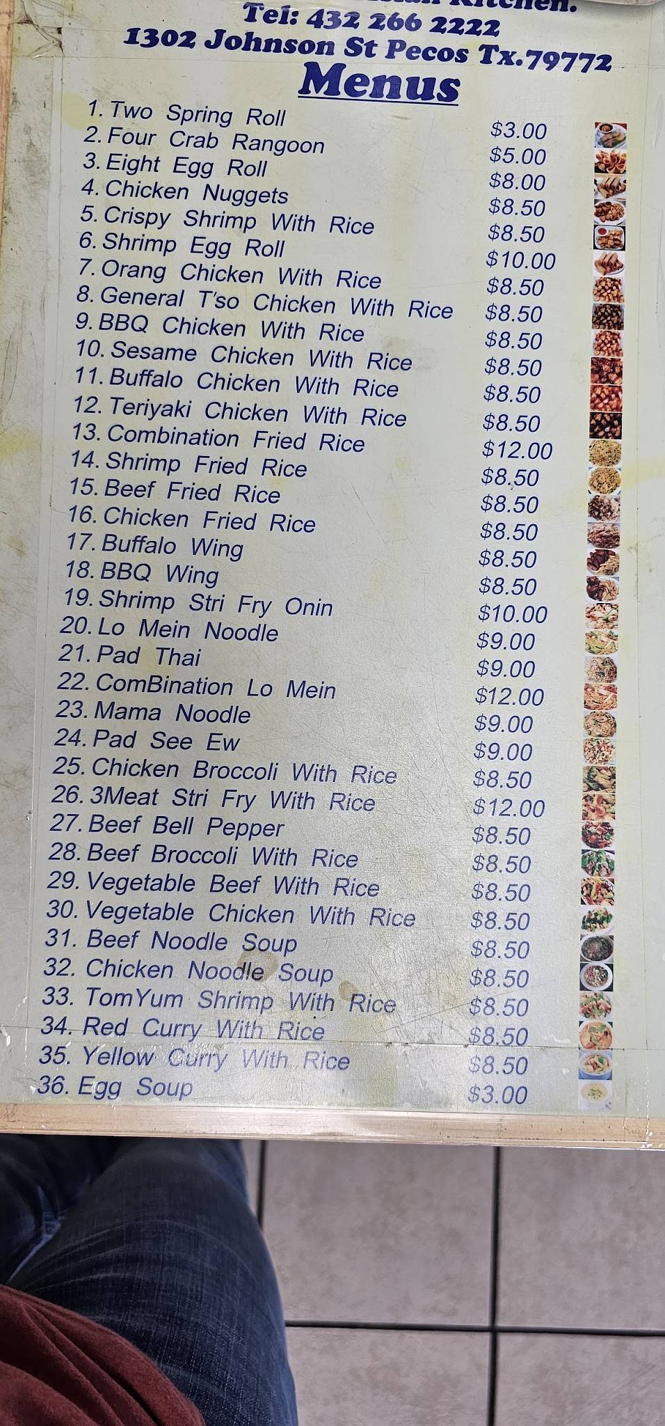 Menu at Asian kitchen restaurant, Pecos