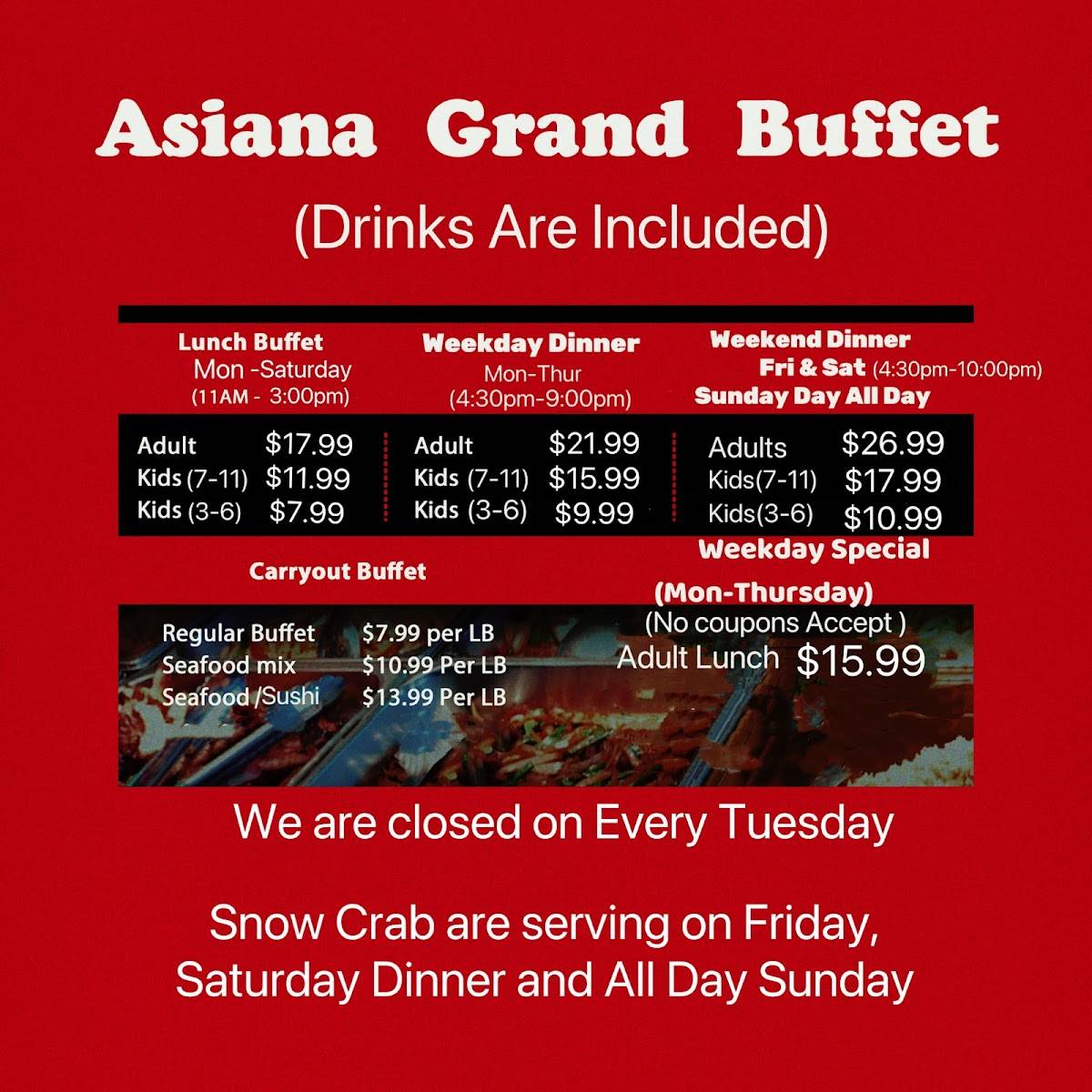 Menu at Asiana Grand Buffet restaurant, Montgomeryville