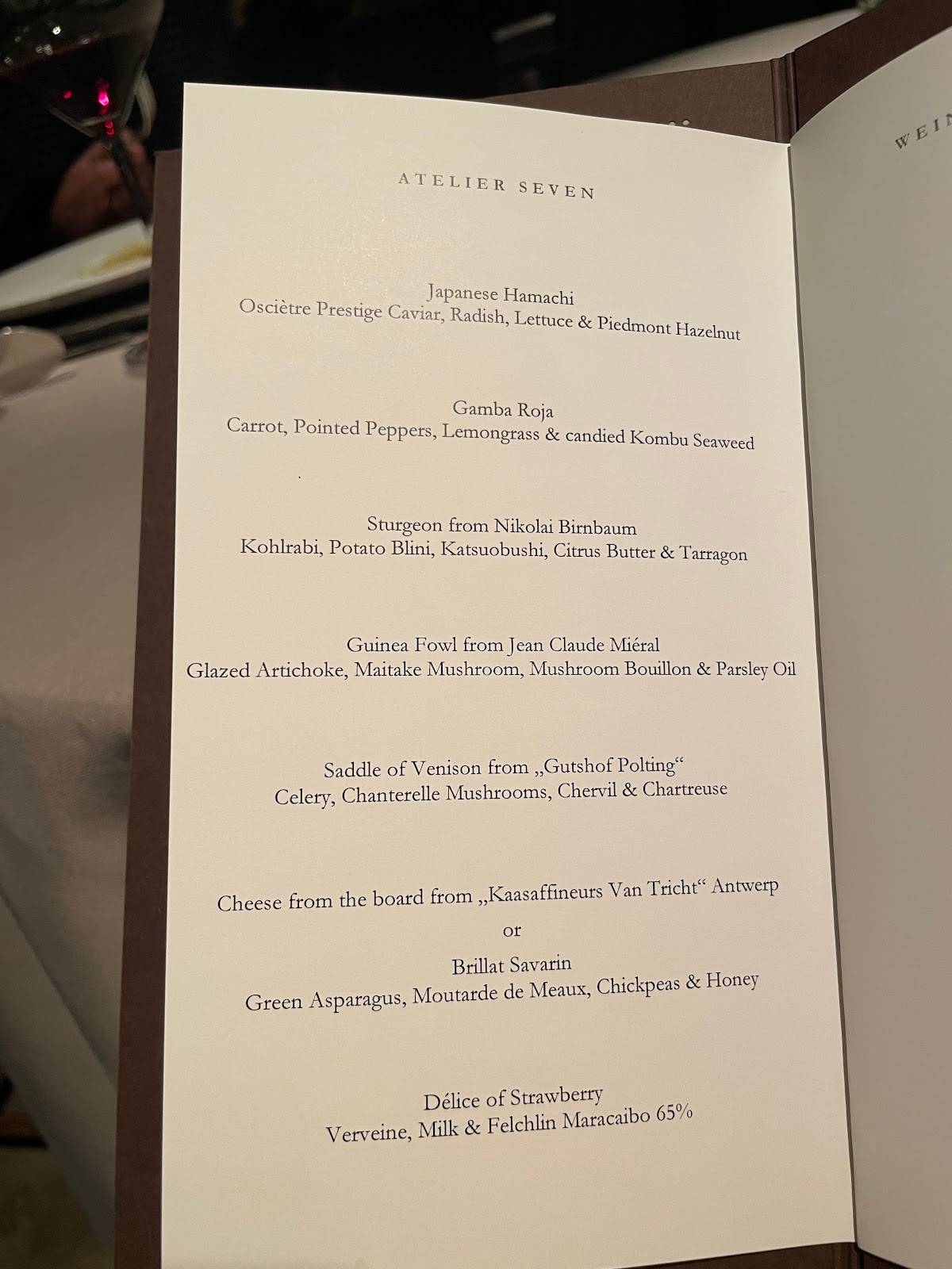 Menu at Atelier restaurant, Munich, Promenadepl. 2-6