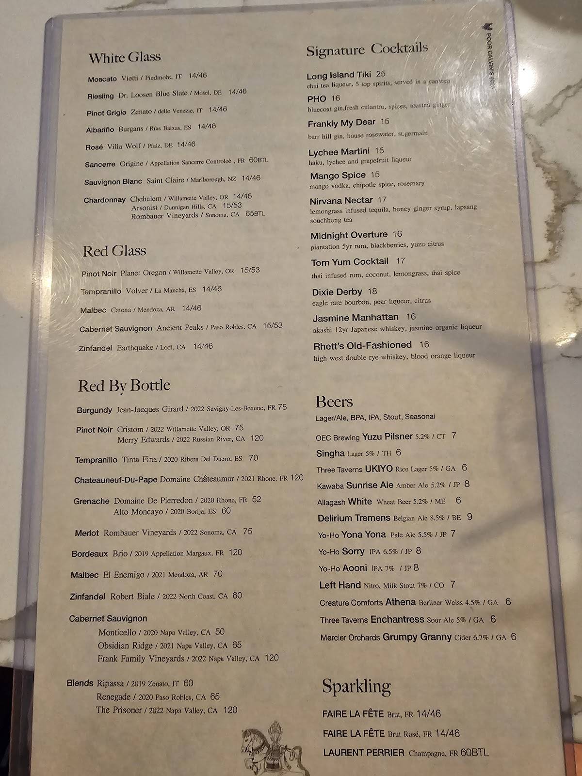 Menu at Poor Calvin's restaurant, Atlanta
