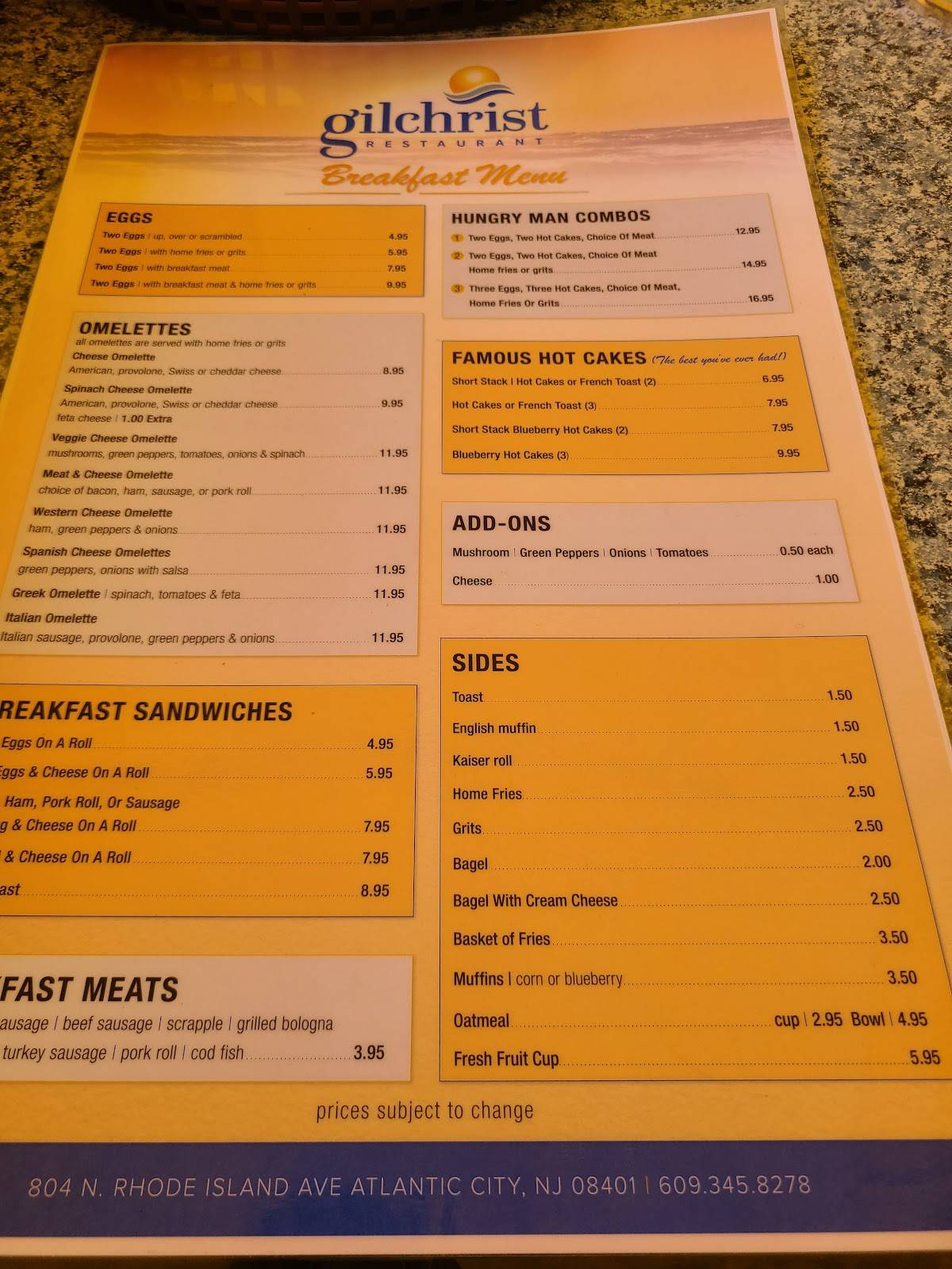 Menu at Gilchrist Restaurant, Atlantic City