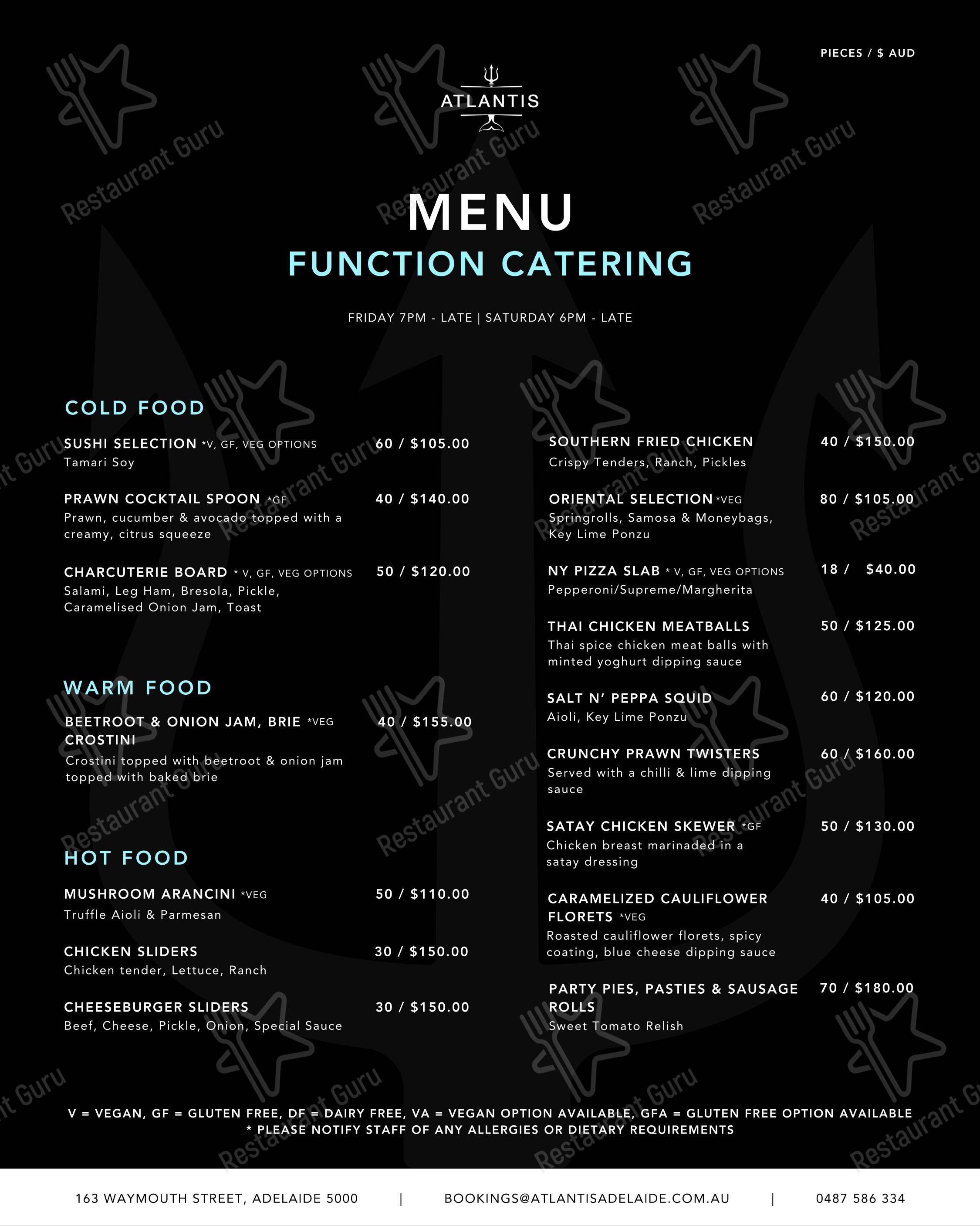 Menu at Atlantis Lounge Bar, Adelaide