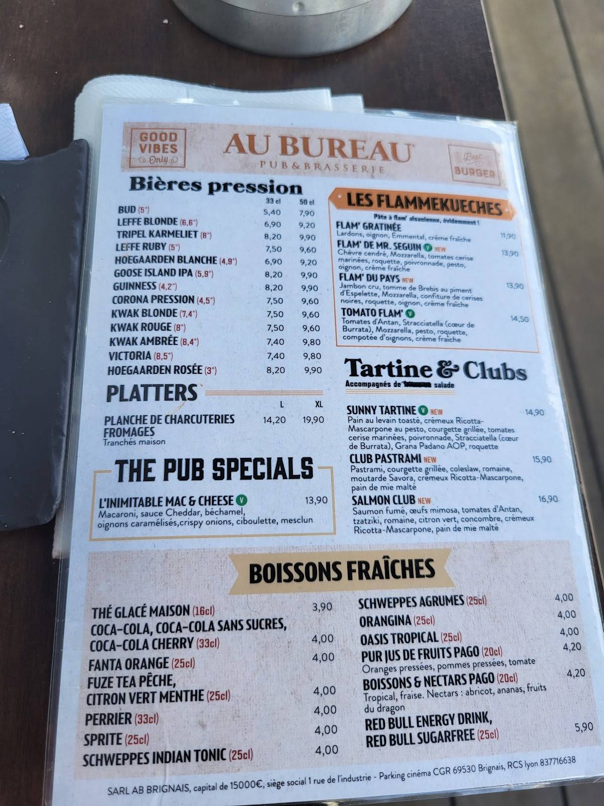 Menu au Au Bureau Brignais restaurant, Brignais