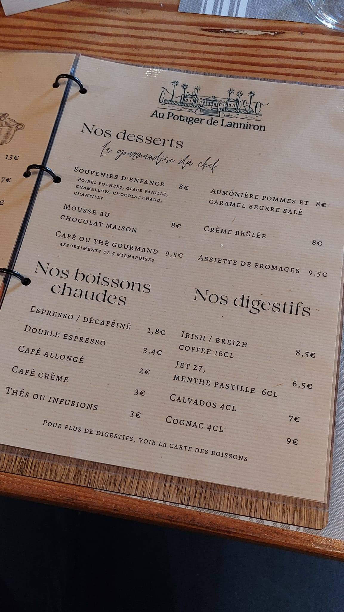 Menu at Au potager de Lanniron restaurant, Quimper
