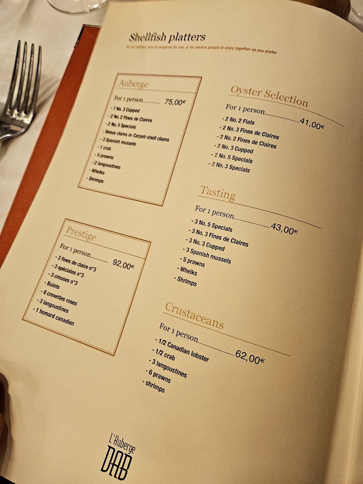 Menu au L'Auberge Dab restaurant, Paris, 161 Avenue de Malakoff