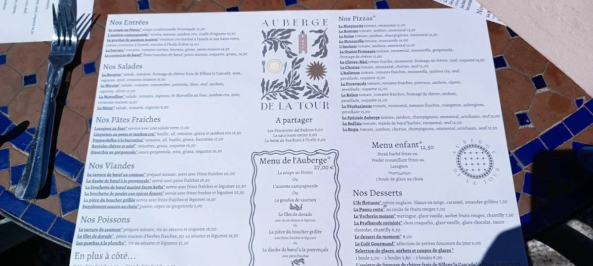 Menu au Auberge de la Tour restaurant, Aups