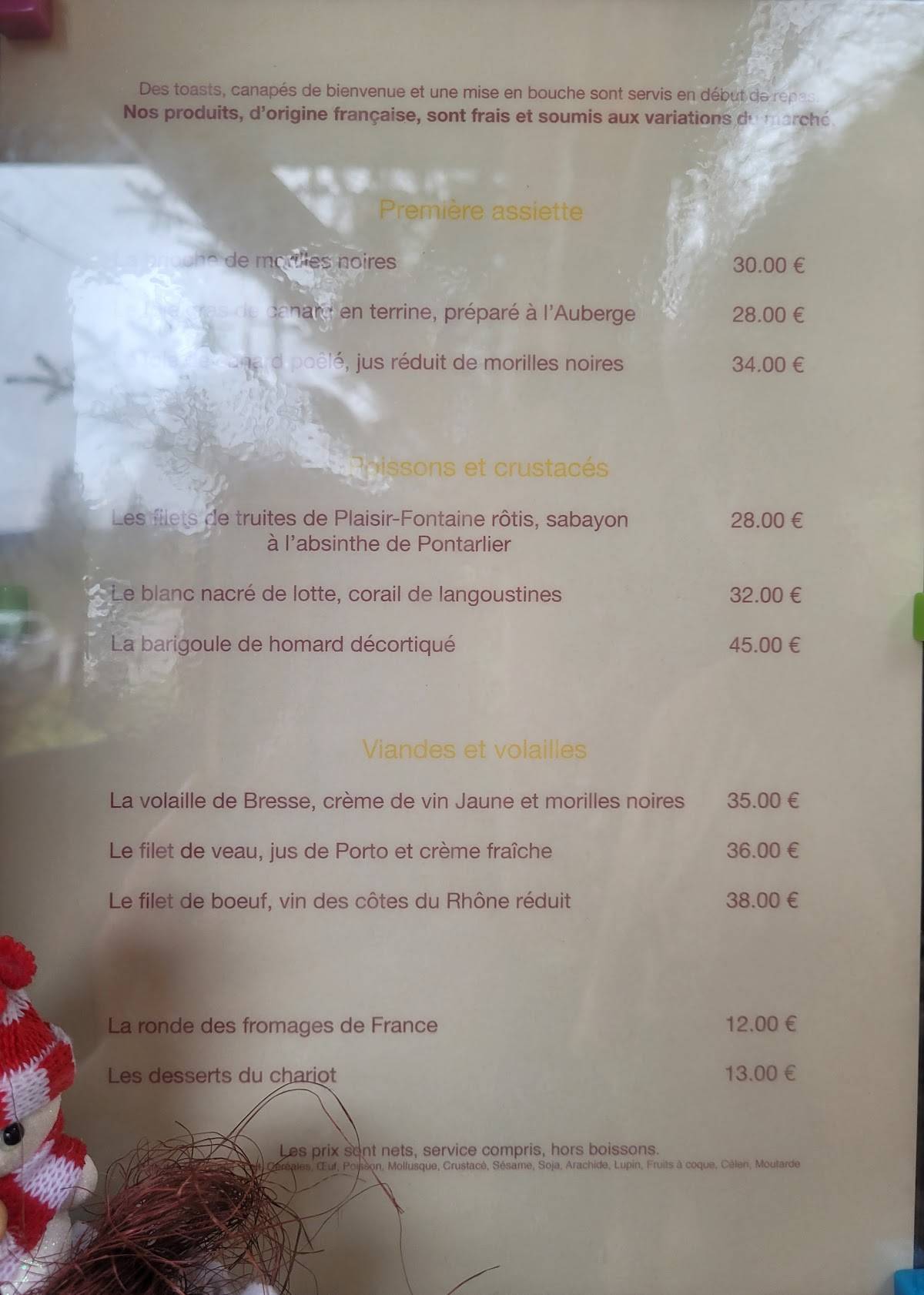Menu au Auberge de la Roche restaurant, Grand'Combe-Châteleu